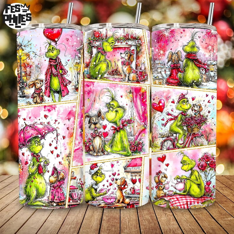 Cute Green Character Valentine Tumbler Wrap, Be Mine Design With Heart ...