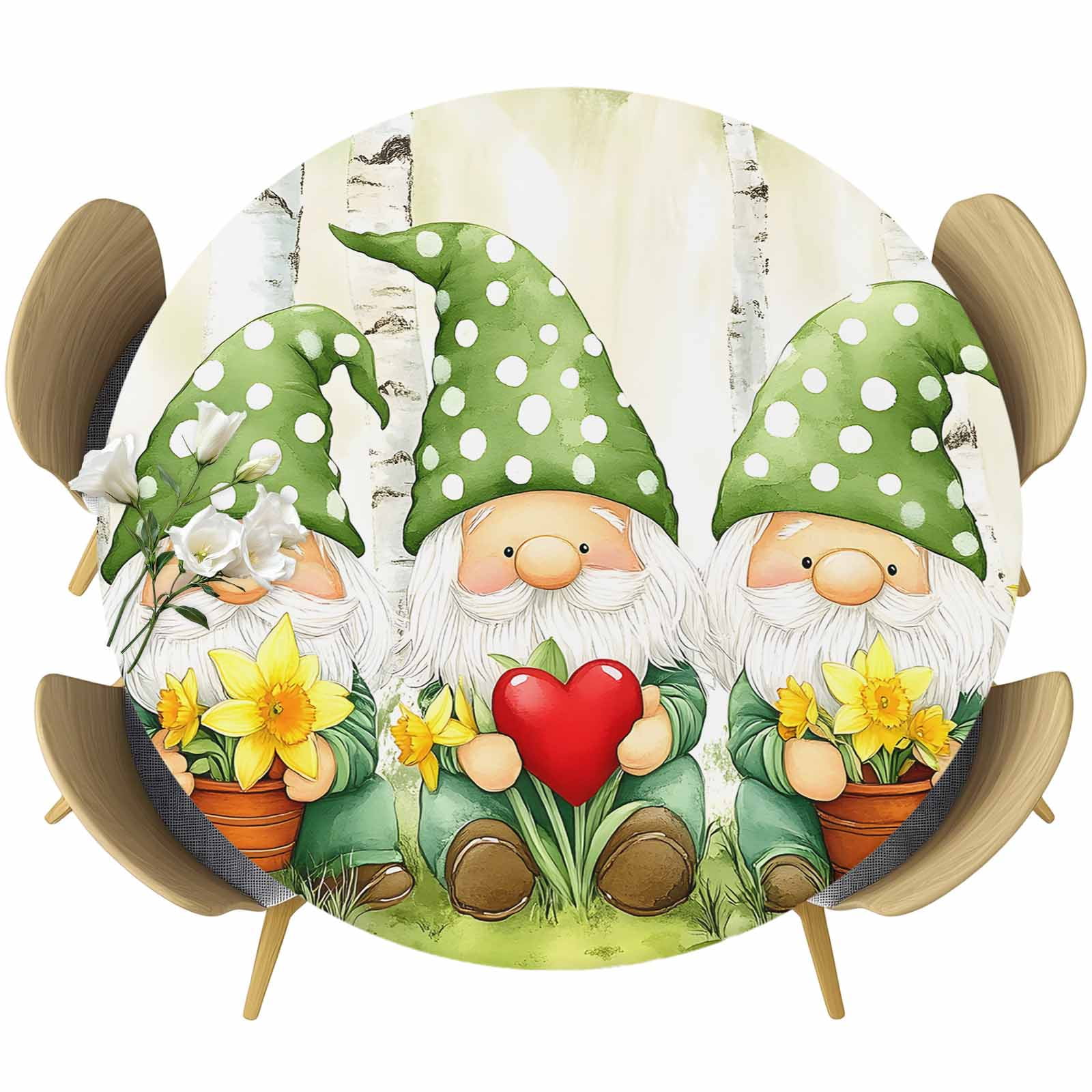 Cute Green Gnomes Table Cloth, Round Fitted Tablecloths with Elastic ...