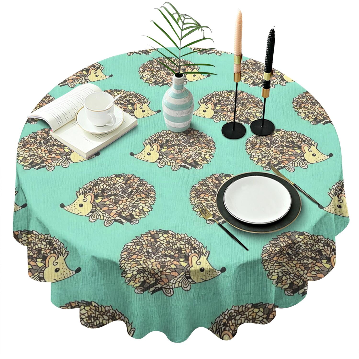 Cute Green Hedgehog Pattern Round Tablecloth 60"x60",Wrinkle Wipeable ...