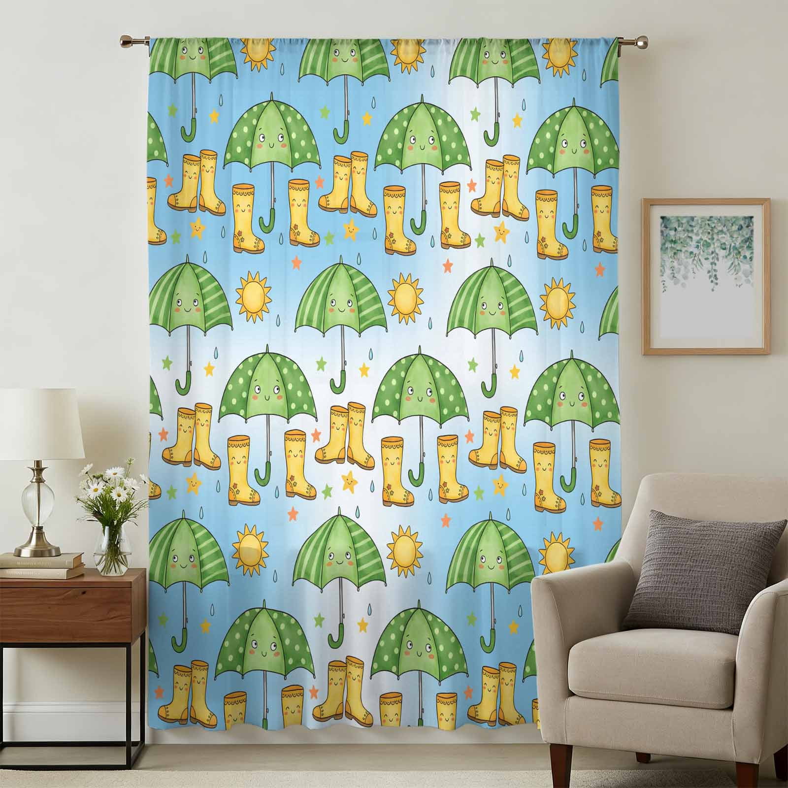 Cute Green Umbrella Sheer Curtains 72 Inches Long, Cartoon Rain Boots ...