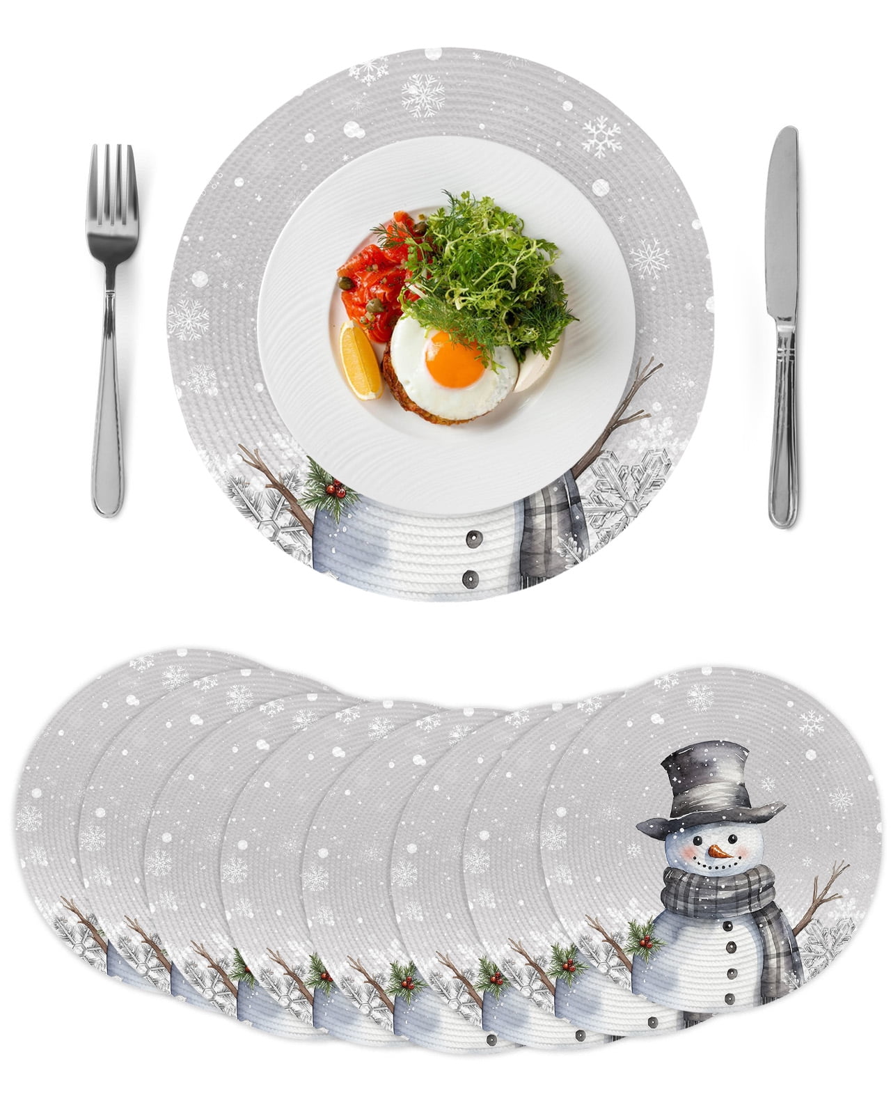 Cute Grey Snowman Round Table Placemats set of 8, Christmas Winter ...