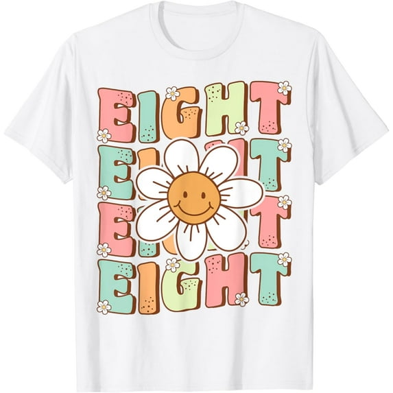 Cute Groovy 8th Birthday Party Daisy Flower Eight Year Old T-Shirt ...