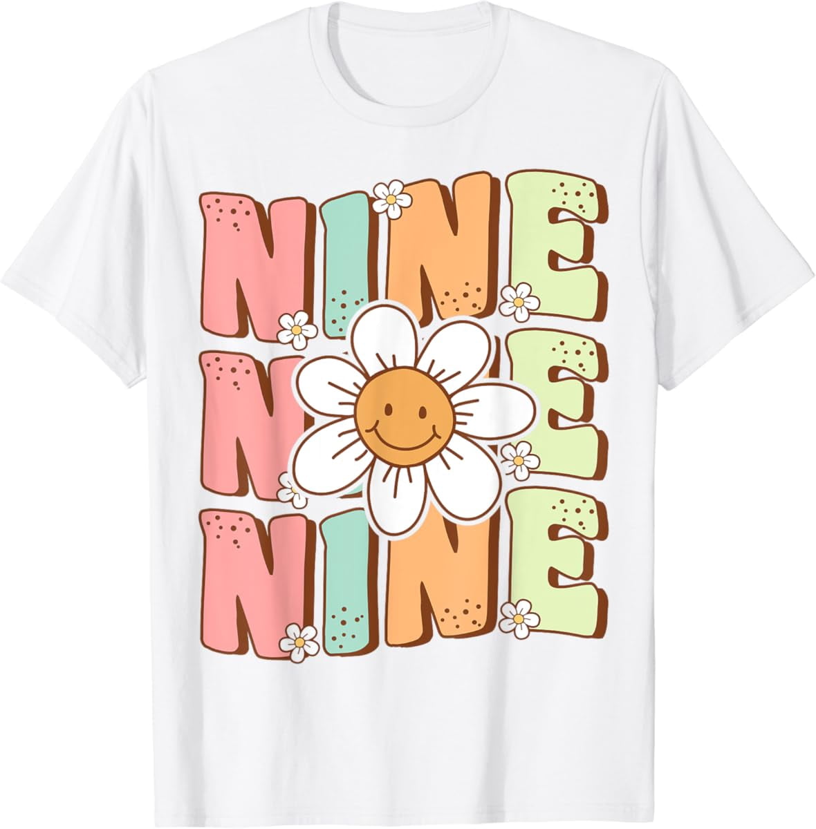 Cute Groovy 9th Birthday Party Daisy Flower Nine Year Old T-Shirt, F627 ...