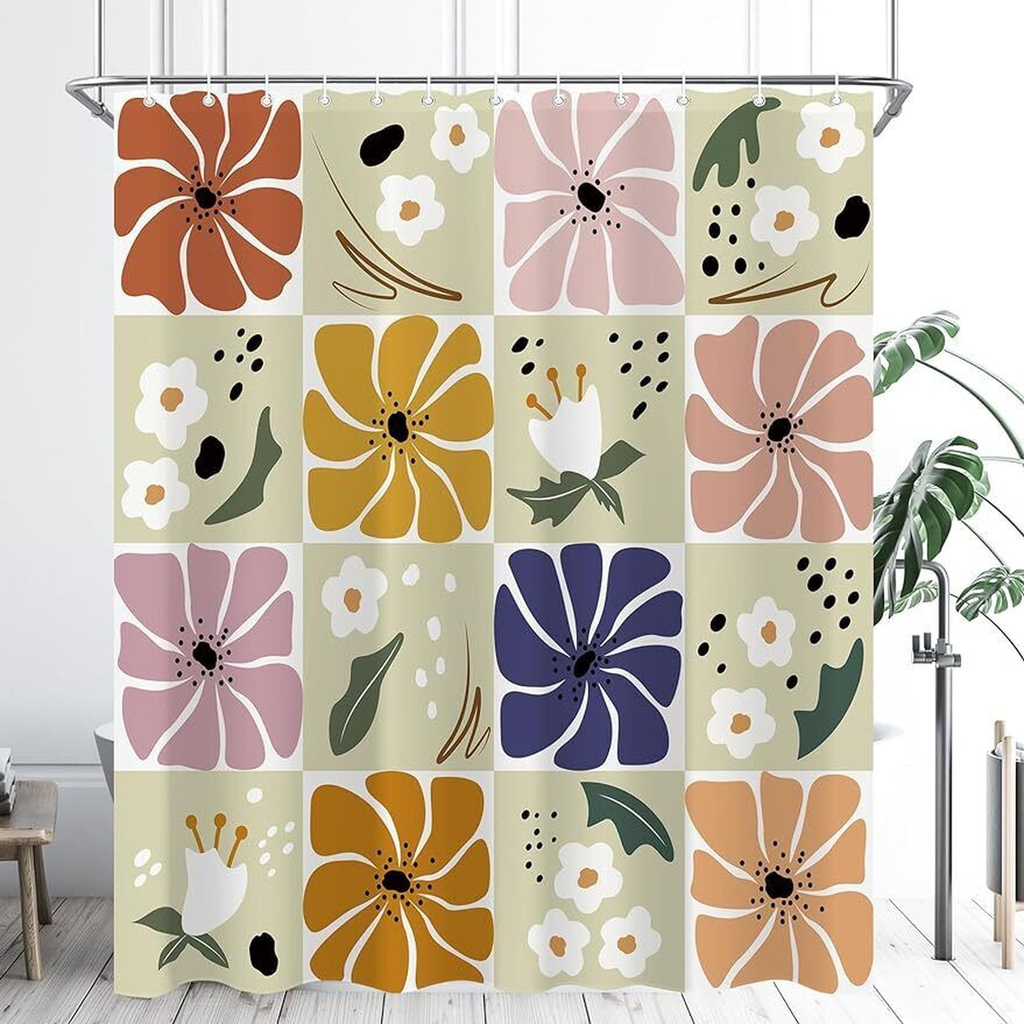 Cute Groovy Flower Patchwork Shower Curtain for Bathroom Green Funky ...