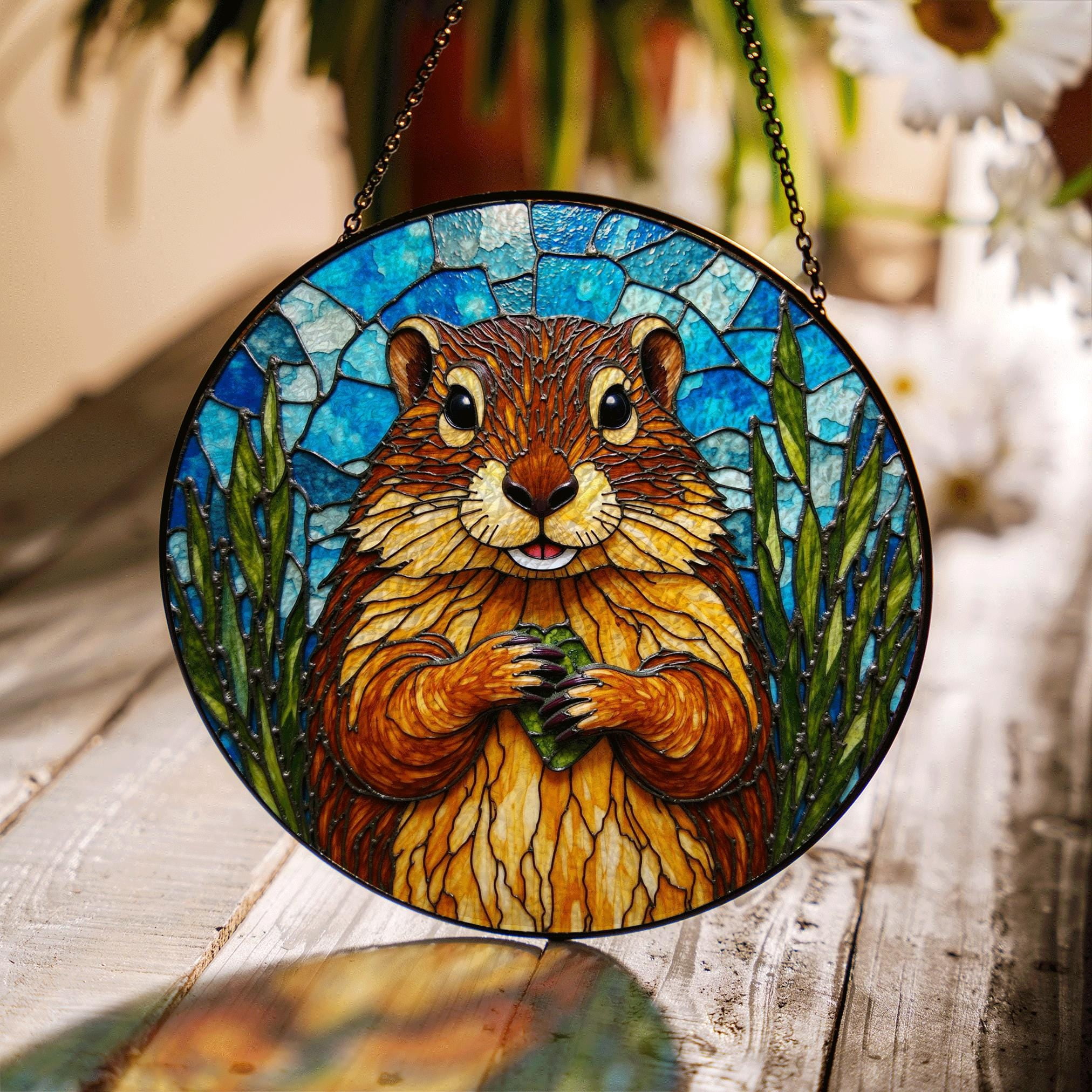 Cute Groundhog Stained Glass Suncatcher Holding Snack, Funny Animal ...