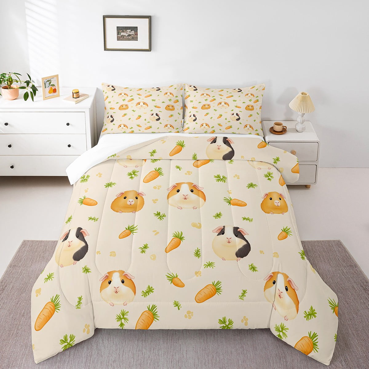 Cute Guinea Pig Queen Comforter Set Yellow Carrot Food Bedding Set ...