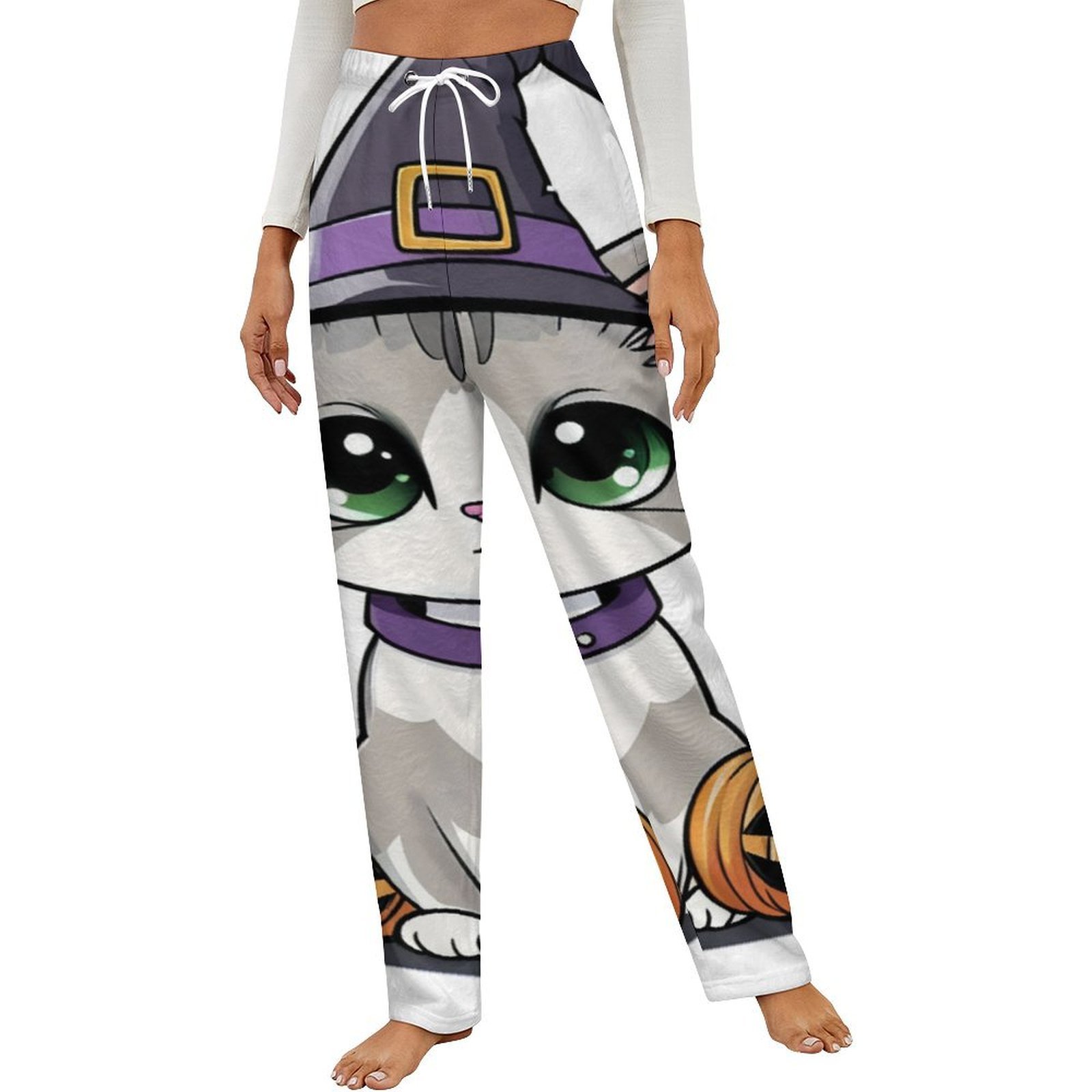 Cute Halloween Cat Pumpkin Winter Female Pants Flannel High Waist Women ...