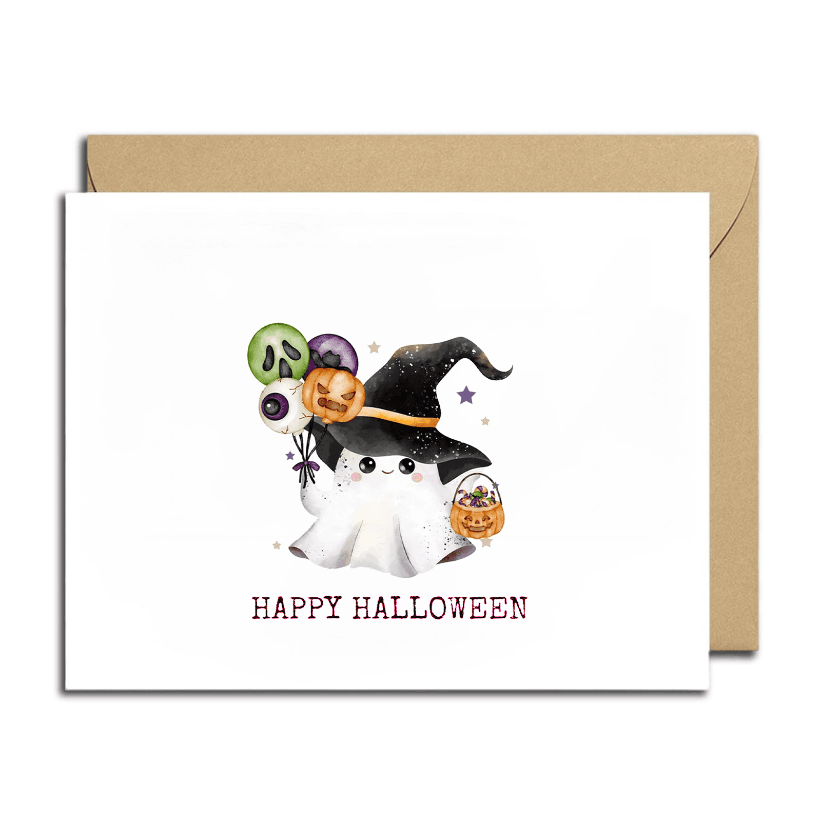 Cute Halloween Ghost Card – Adorable Witch Ghost with Pumpkins and ...