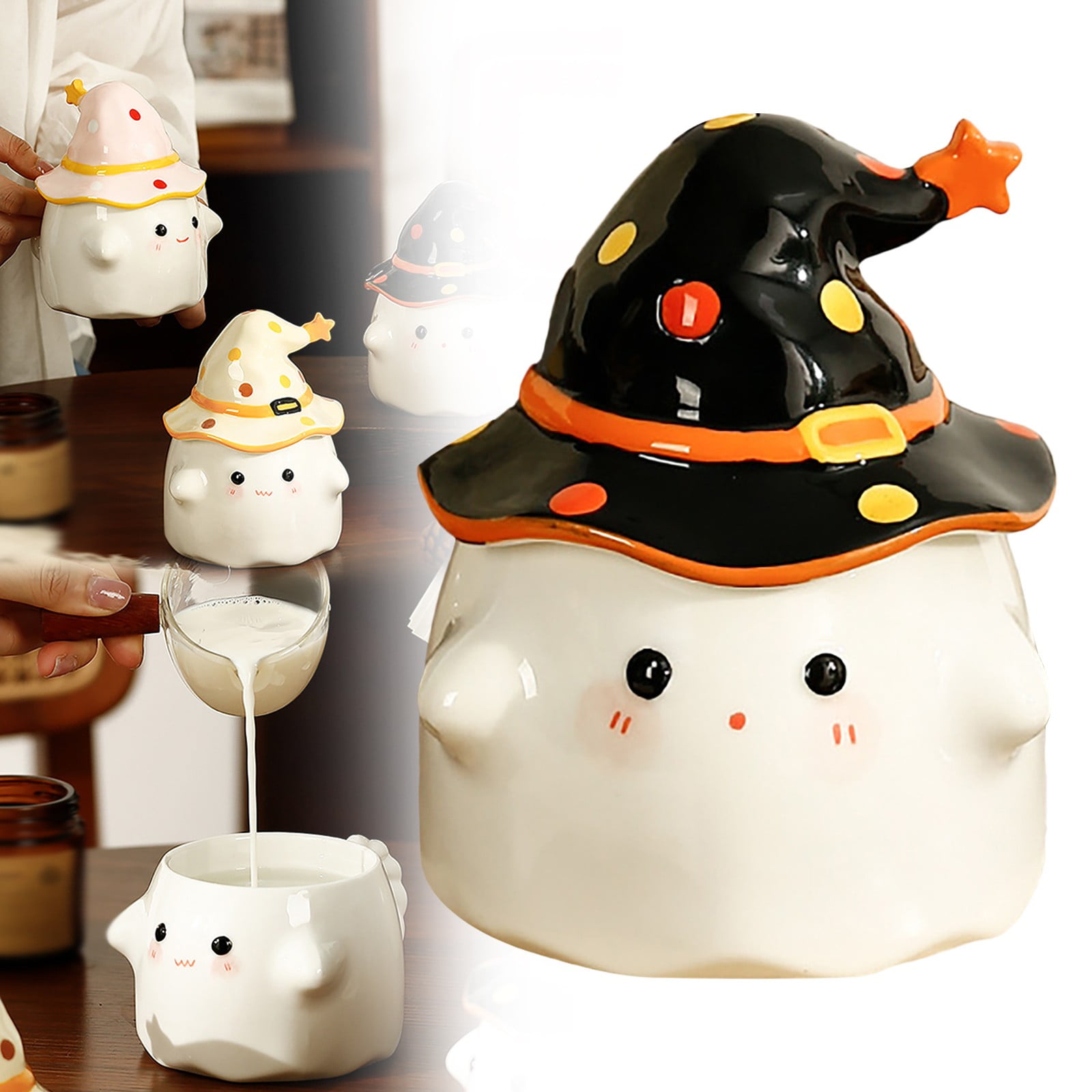 Cute Halloween Ghost Coffee Mug with Witch Hat Lid & Non-Scald Handle ...