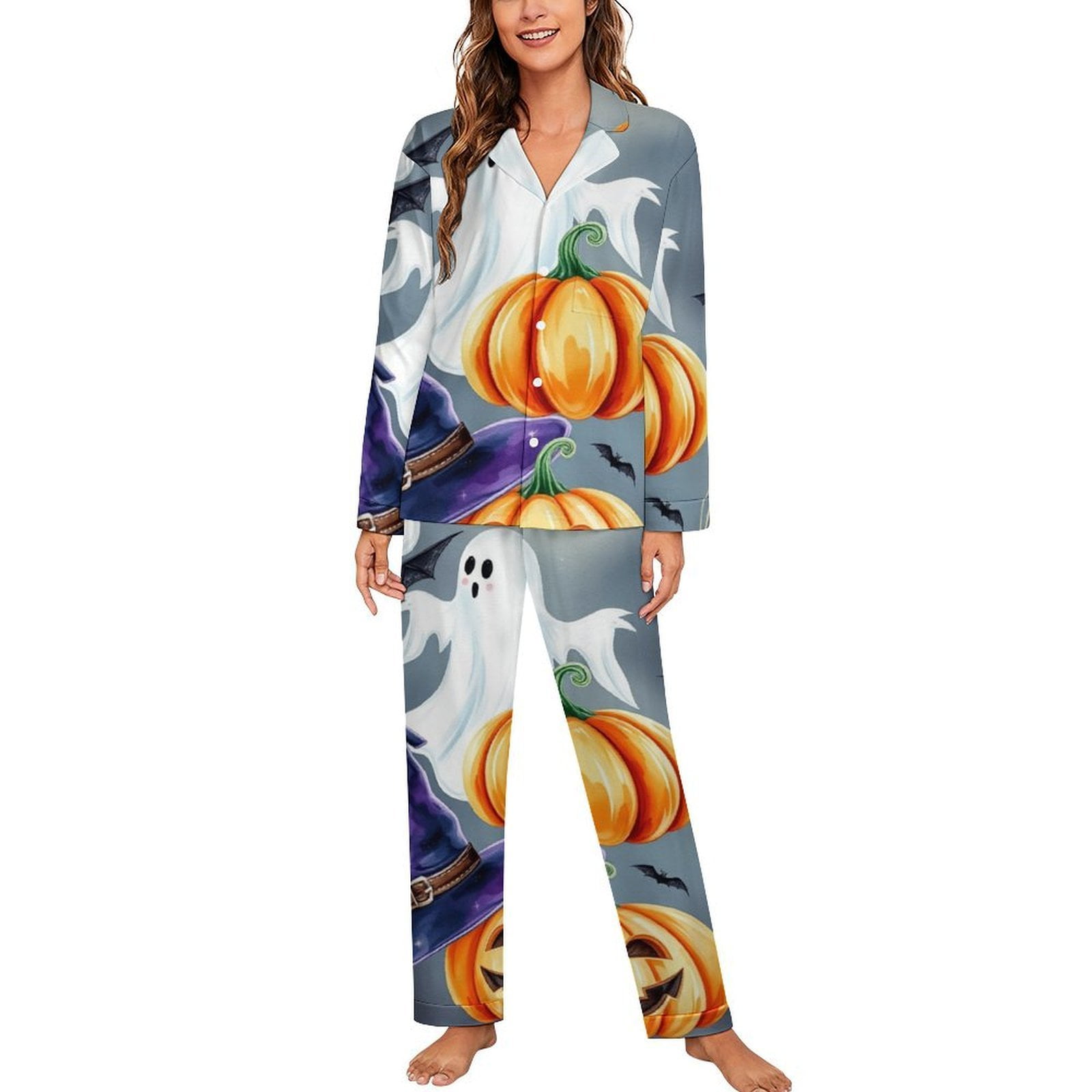 Cute Halloween Ghosts Pumpkins Bats Pajamas Long-Sleeve Two Piece ...
