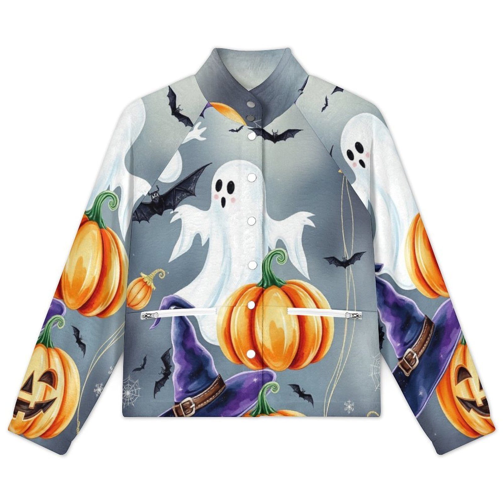 Cute Halloween Ghosts Pumpkins Bats Warm Plush Jacket Women Autumn ...