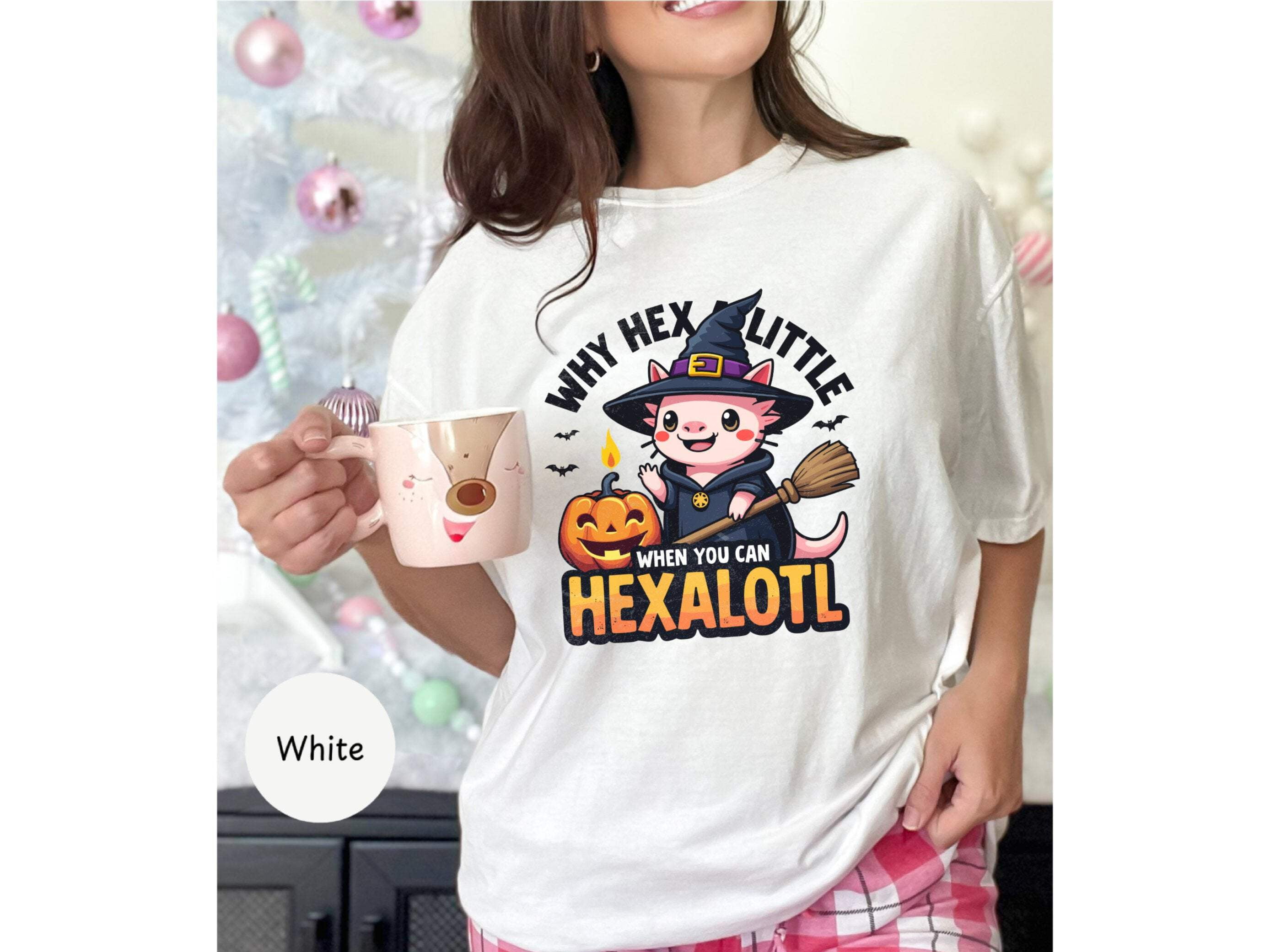 Cute Halloween Hexalotl T-Shirt, Witch Axolotl with Broom, Funny ...