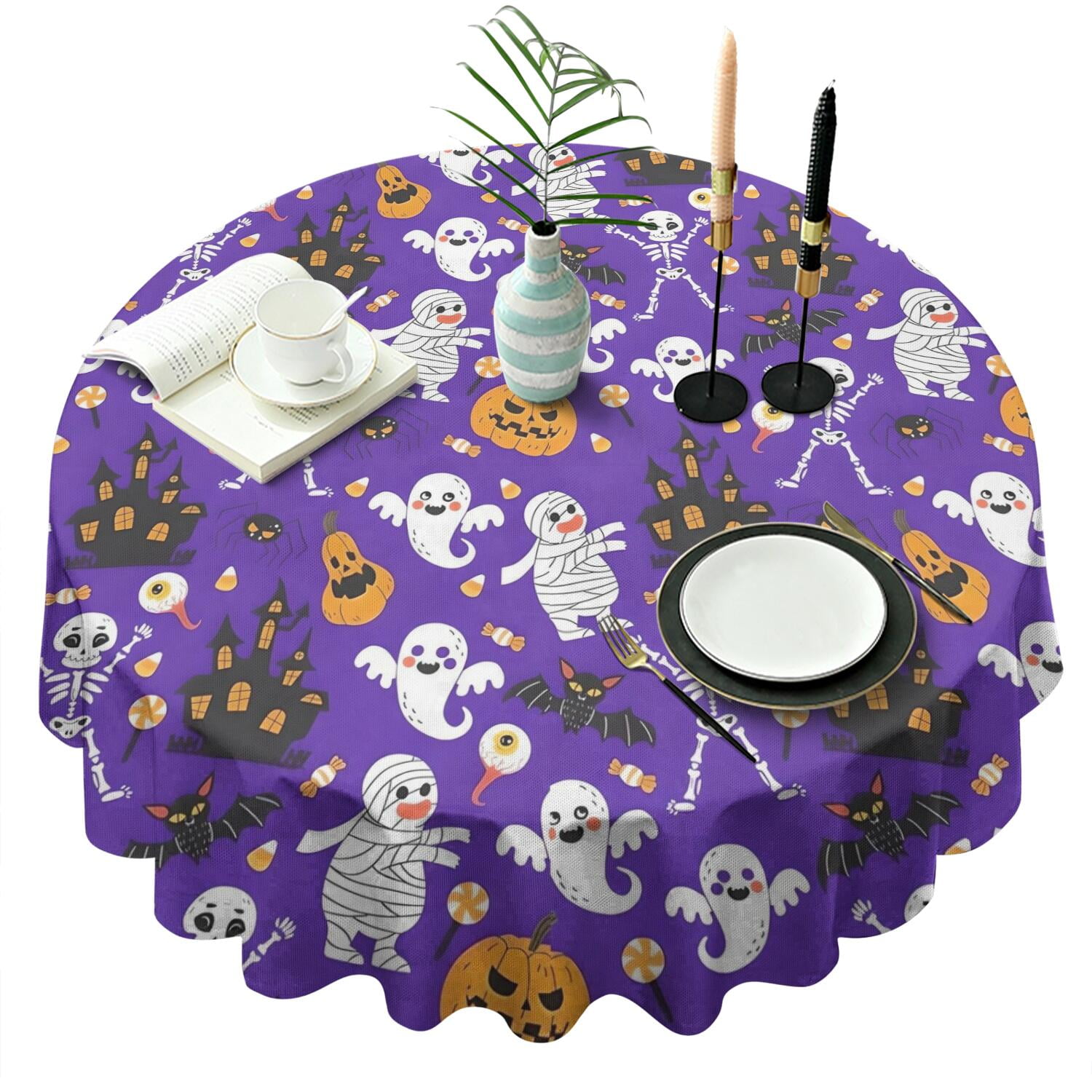 Halloween Cute Ghosts and Skeletons Round Tablecloth 60"x60",Wrinkle ...