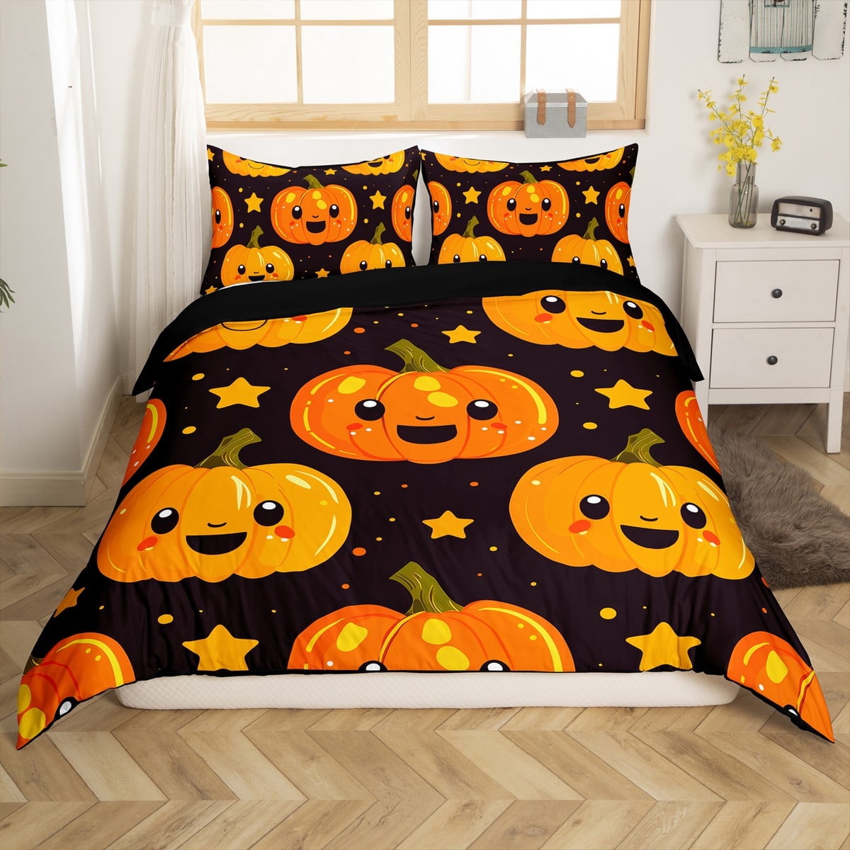 Cute Halloween Lights Duvet Cover Set Cartoon Pumpkin Lantern Queen ...