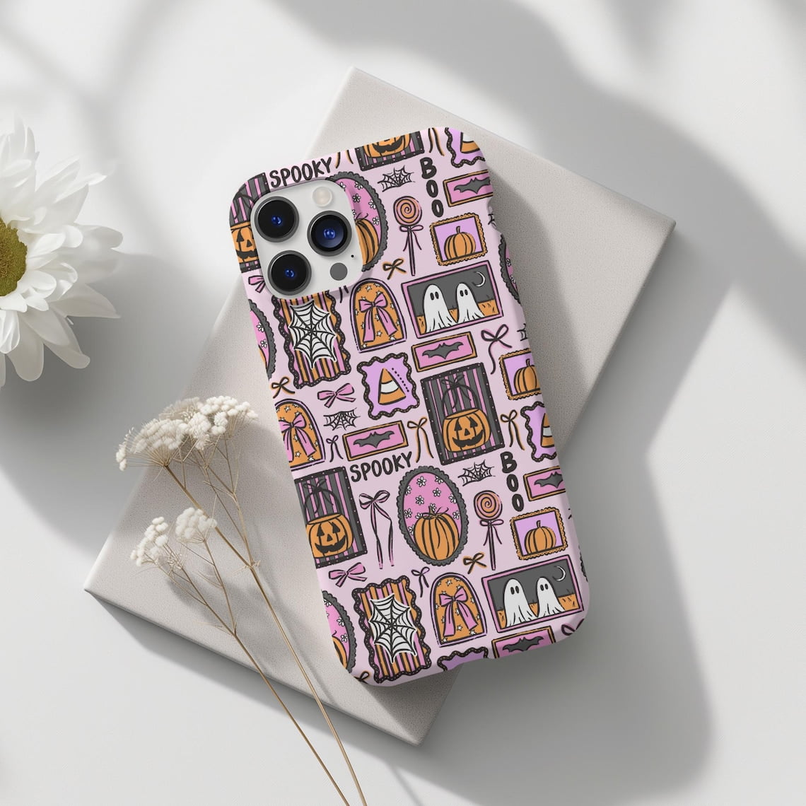Cute Halloween Pastel Pink Ghosts Bows Pumpkins Spooky Season Phone ...