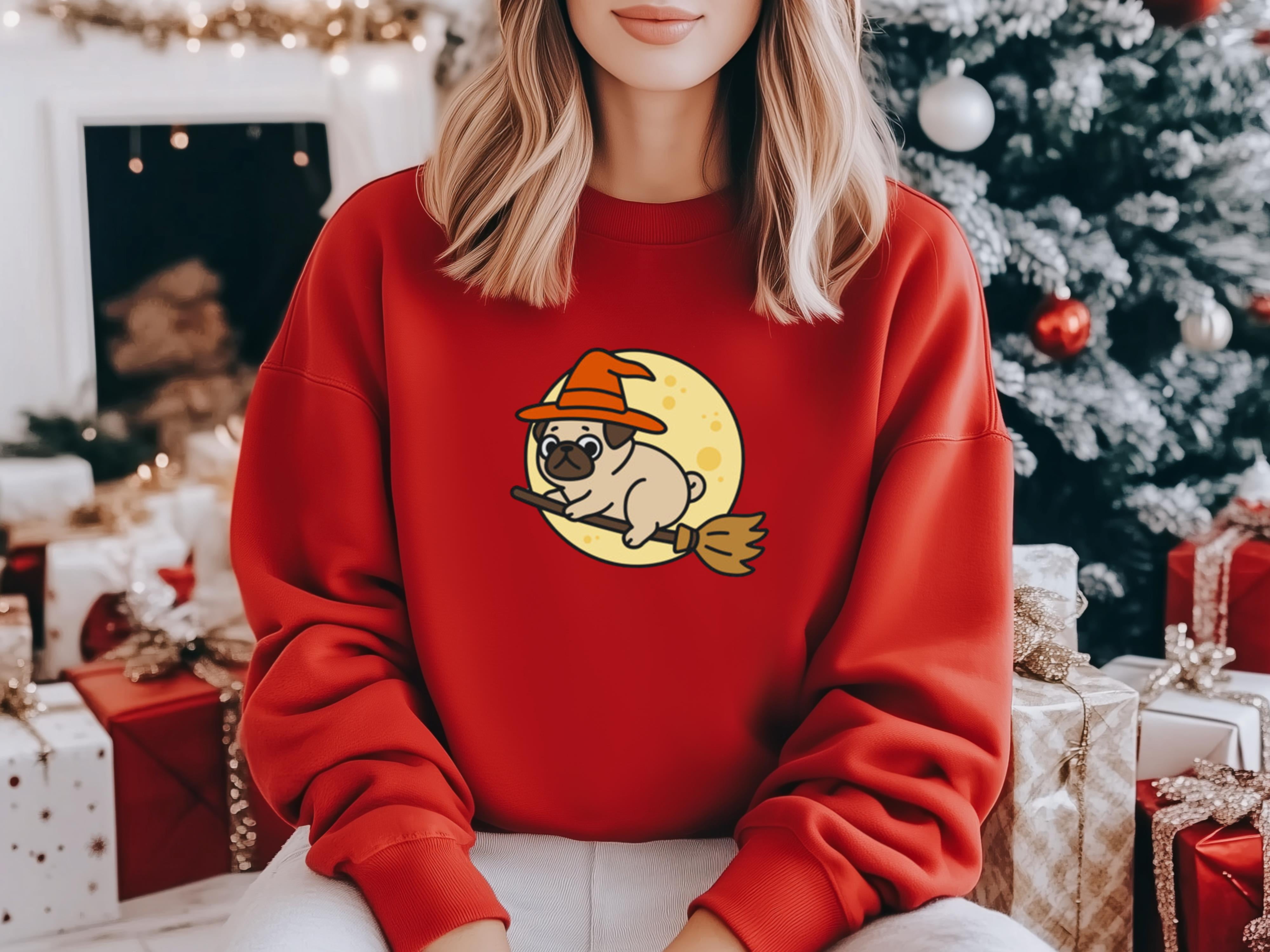 Cute Halloween Pug on Broomstick with Witch Hat Funny Dog Owner Graphic ...