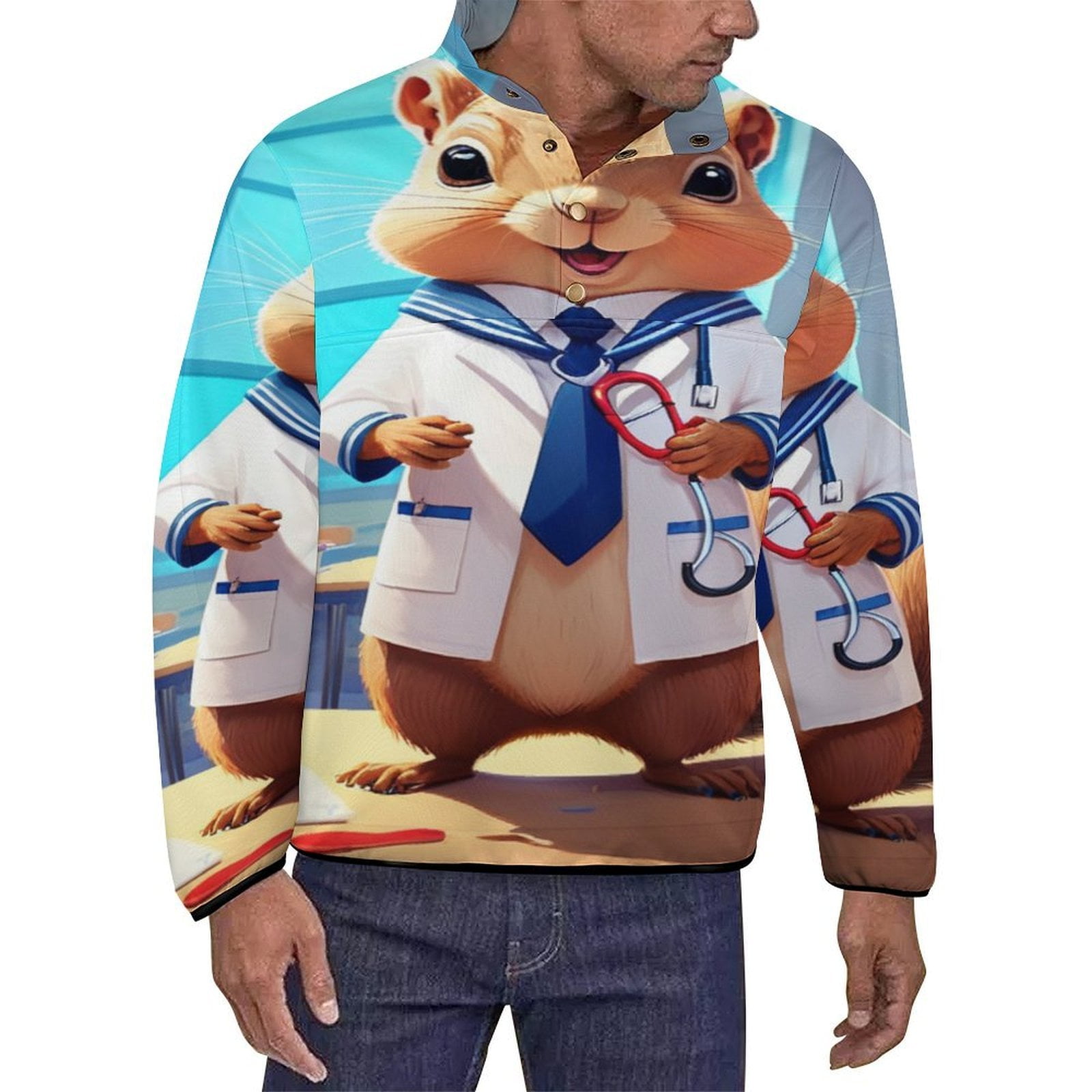 Cute Hamster School Uniform Men's Stand Collar Sweater Long Sleeve Clothing Loose Fit Sports ...