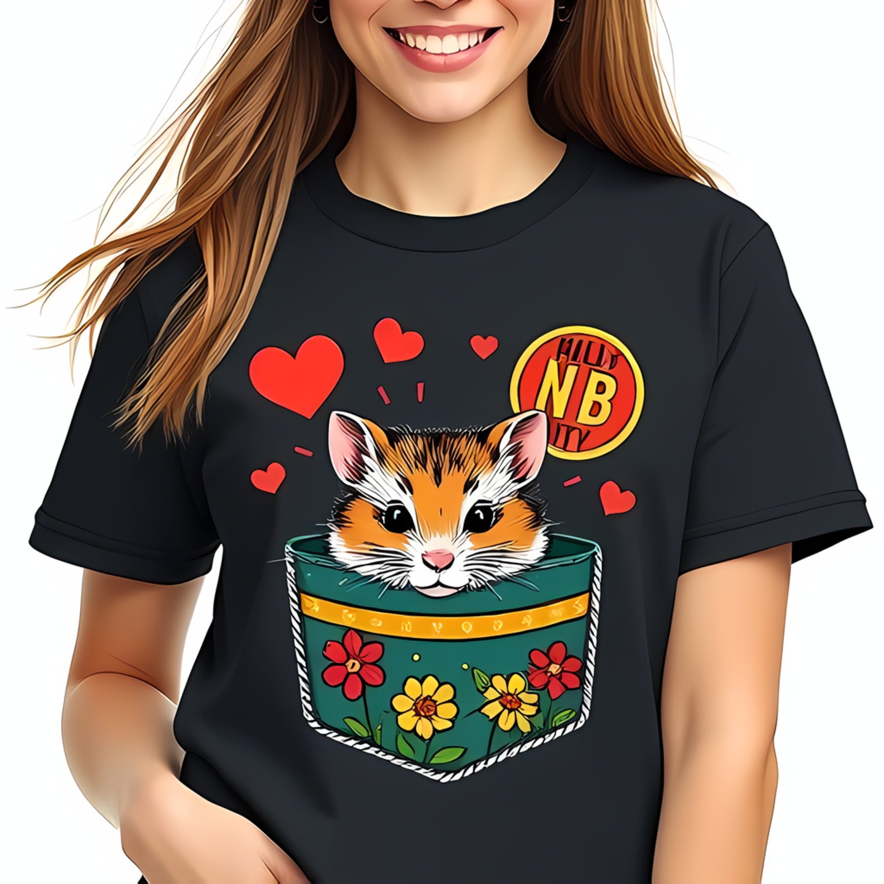 Cute Hamster in Pocket Graphic T-Shirt - Navy Blue Cotton Short Sleeve ...