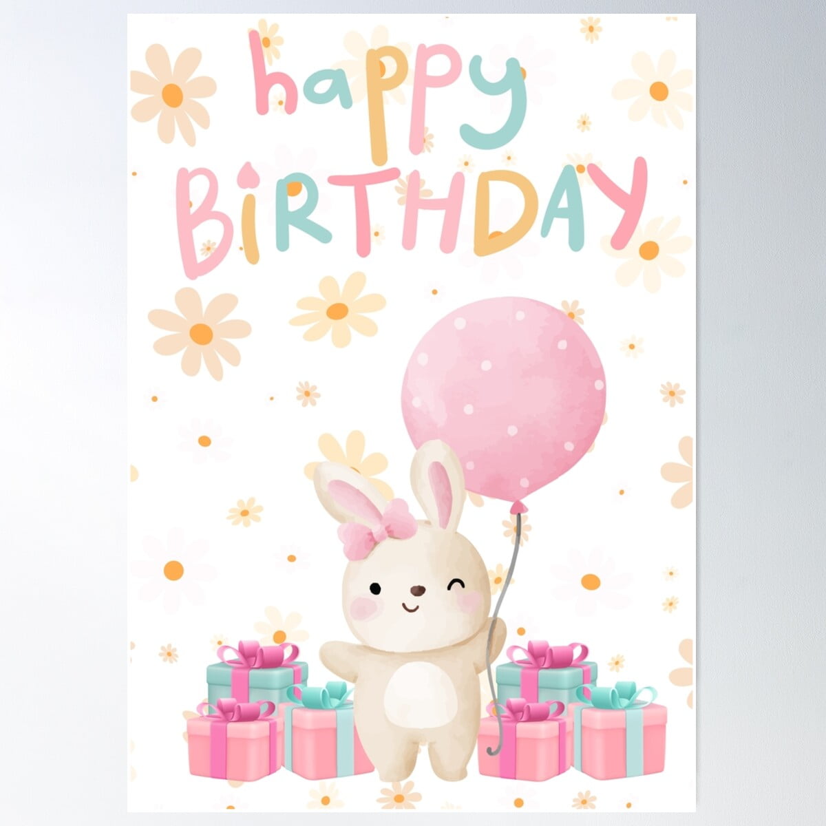 Cute Happy Birthday Rabbit Birthday Balloon Floral Poster Wall Art ...
