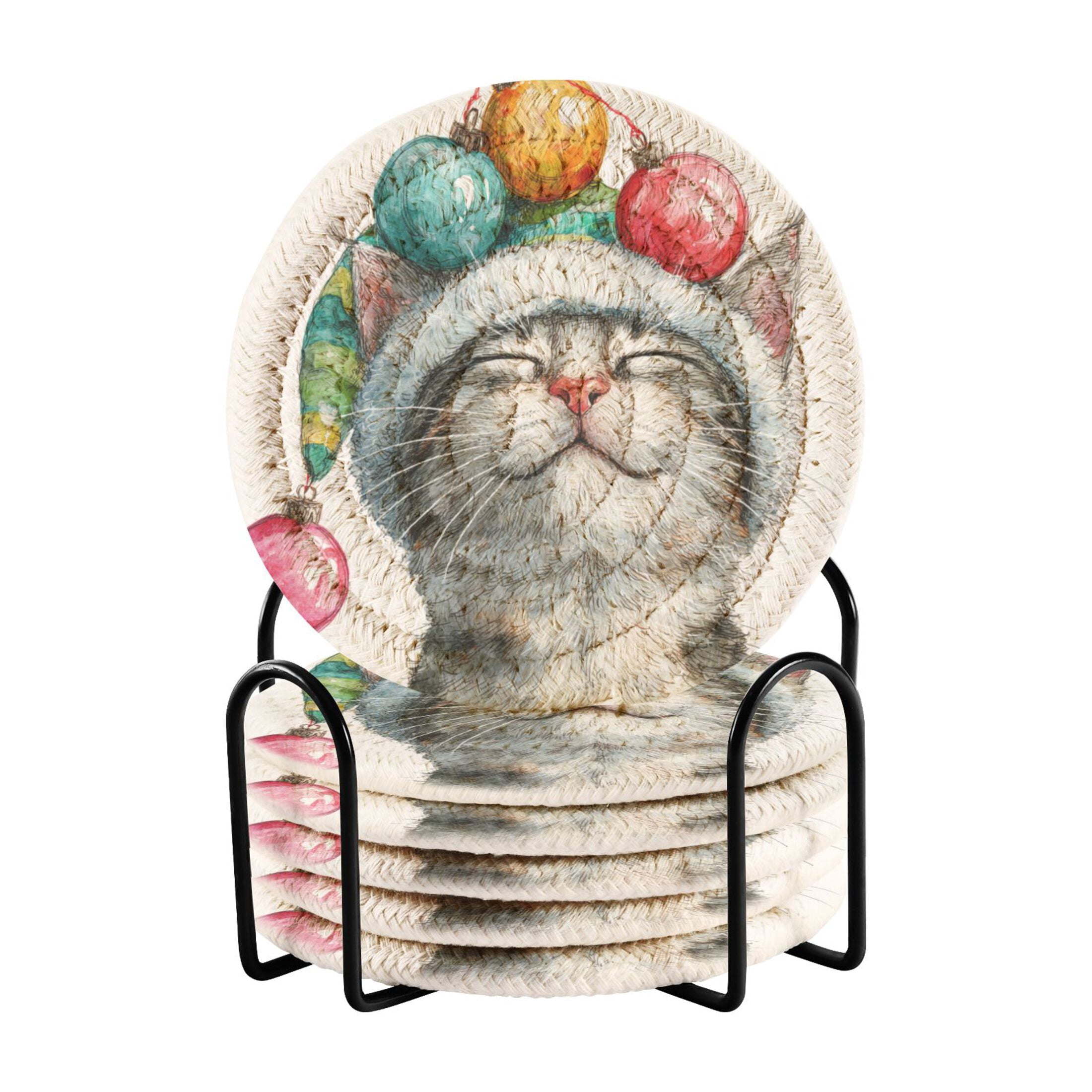Cute Happy Cats with Christmas Hat Drinking Coasters Cup Mat with ...