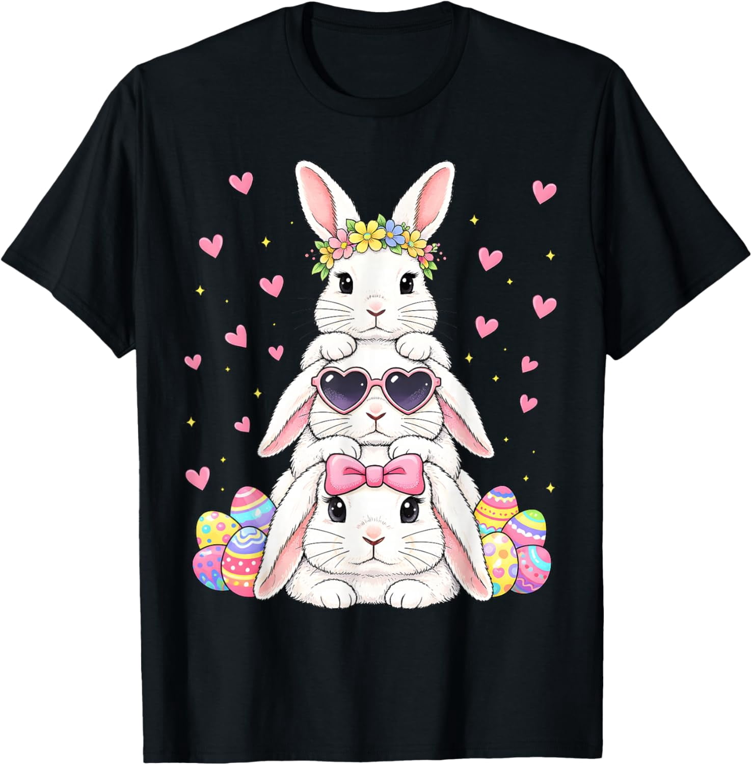 Cute Happy Easter Bunny Stack Floral Easter Eggs Girl Kids T-Shirt ...
