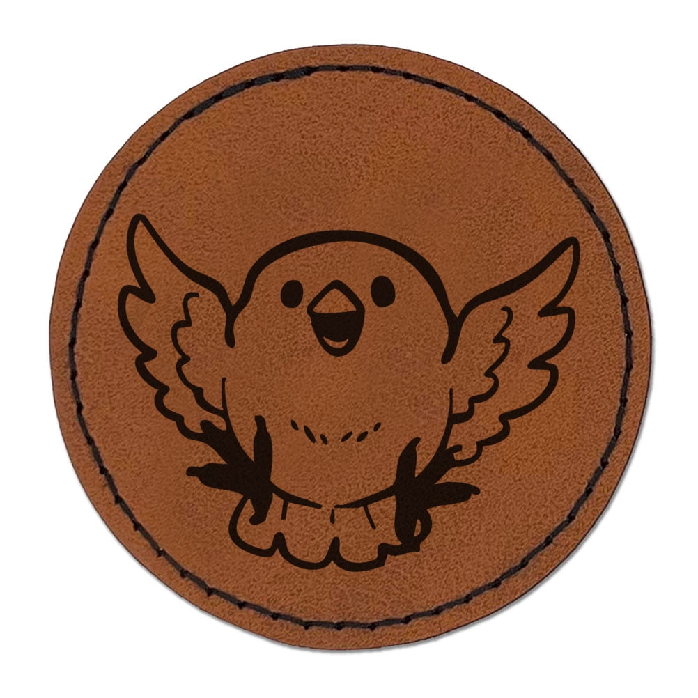 Cute Happy Excited Floating Bird Round Iron-On Engraved Faux Leather ...
