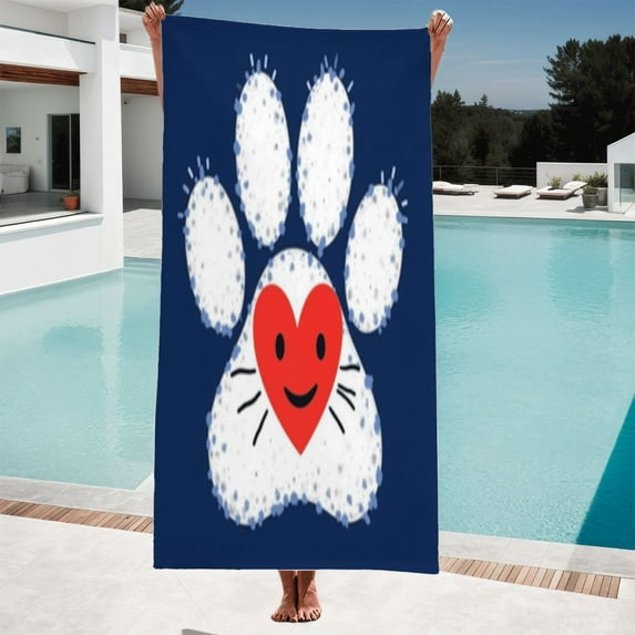 Cute Heart Print Beach Towel - Textured Blue Design with Smiling Face ...