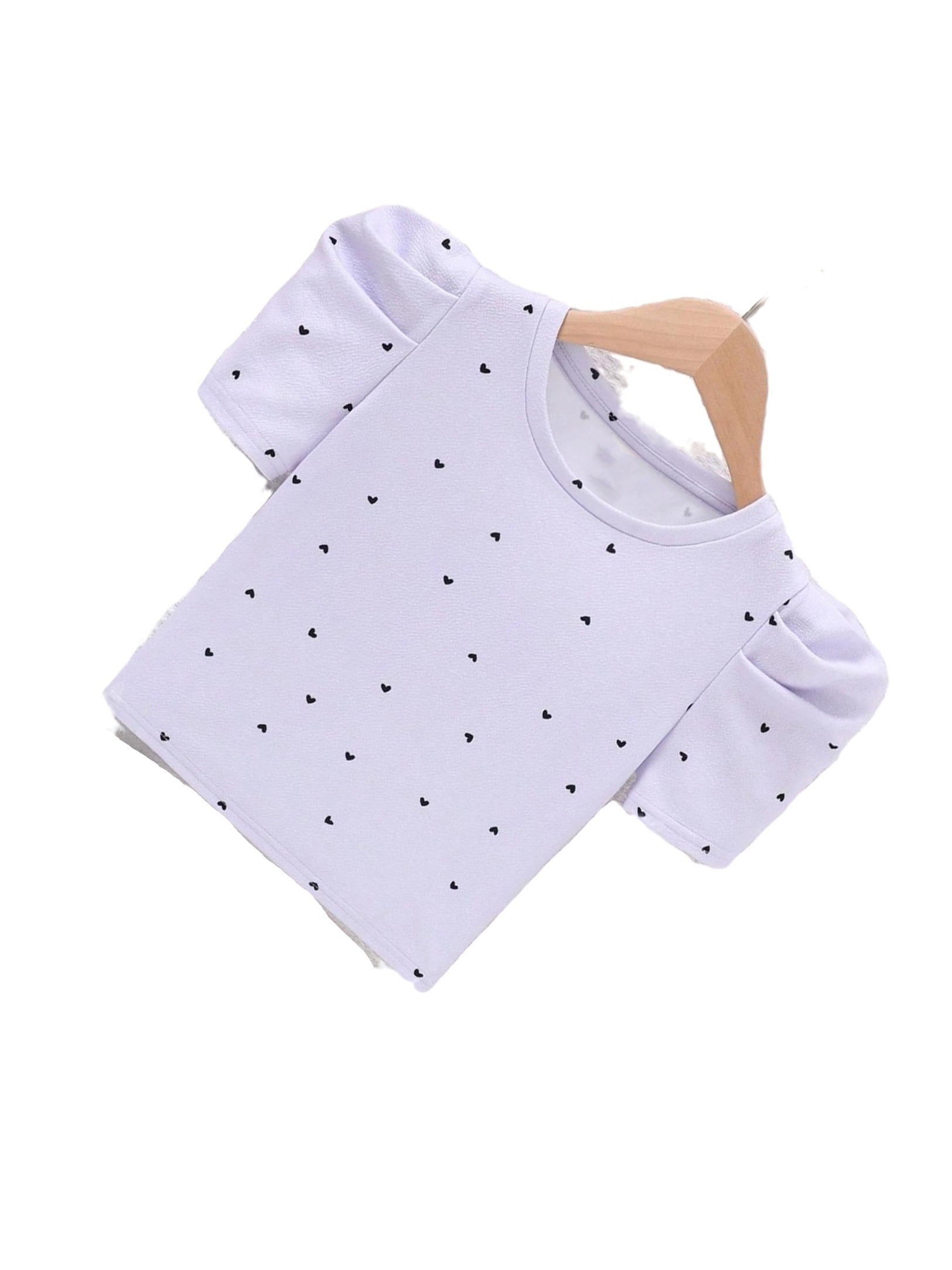 Cute Heart Print Round Neck Short Sleeve Mauve Purple Color Tween Girls ...