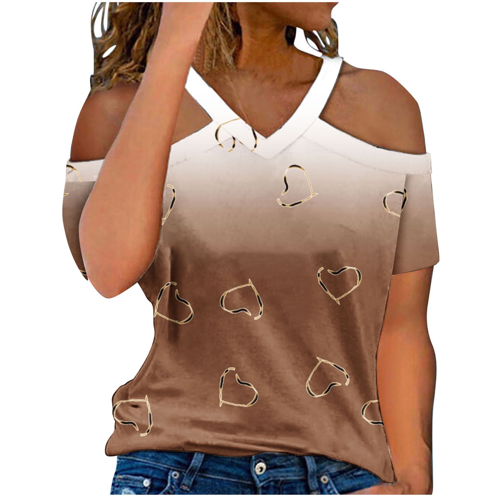 Cute Heart Print T-shirt Womens Trendy Off Shoulder Gradient Blouses ...