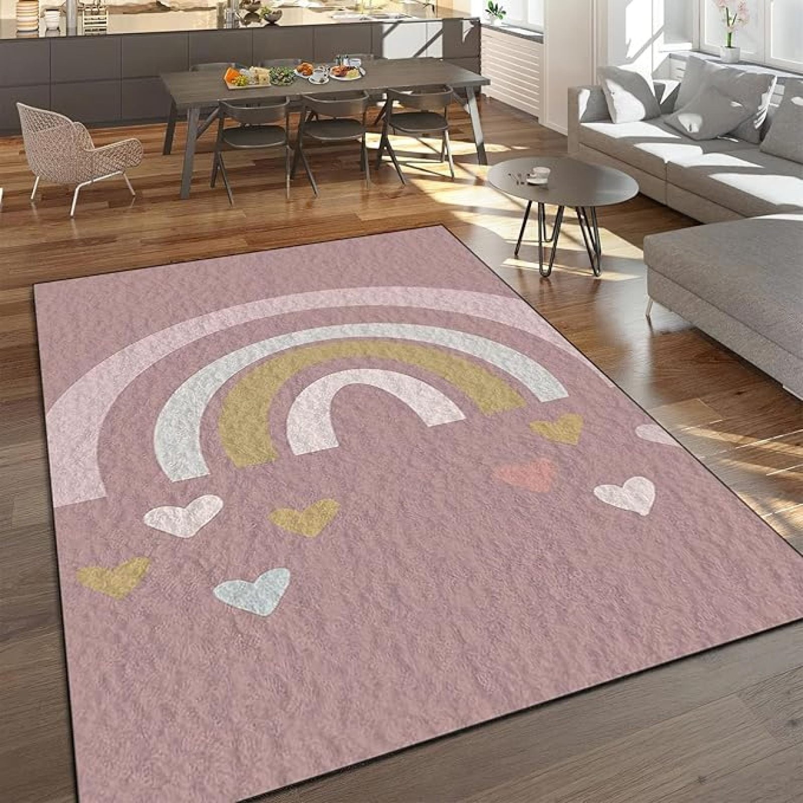 Cute Heart Shaped Rainbow Area Rug, Modern Pink Background Non Slip ...