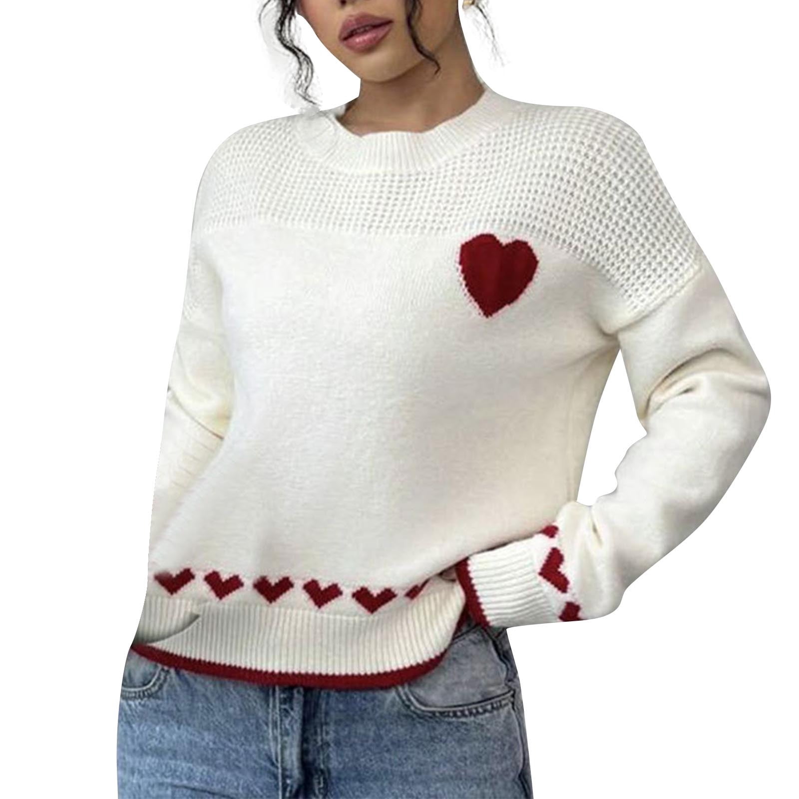 Cute Heart Sweaters for Women Hollow Cable Knit Tops Crewneck Fall ...