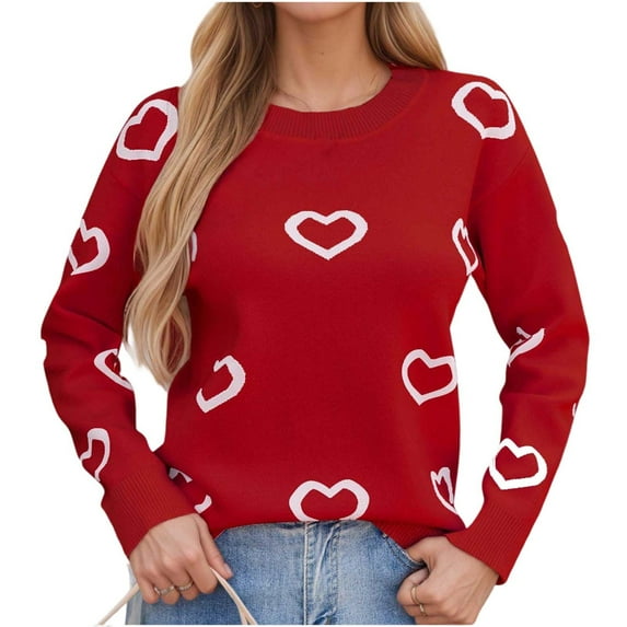 Cute Heart Sweaters for Women Crew Neck Valentines Day Sweater Long ...