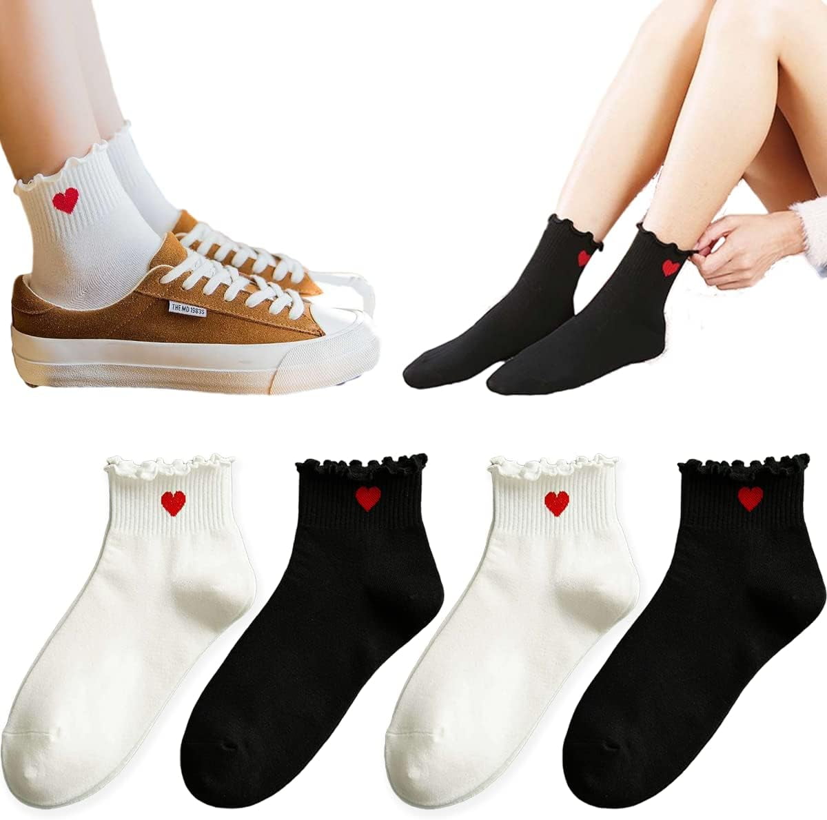 Cute Heart White Red Ankle Women Socks Frilly Fun Bear Pattern Long ...