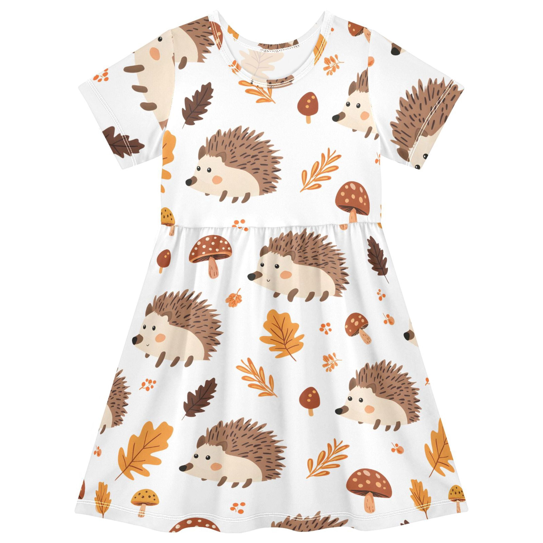 Cute Hedgehog Pattern Girls Short Sleeve Dress A Line Sun Protection ...