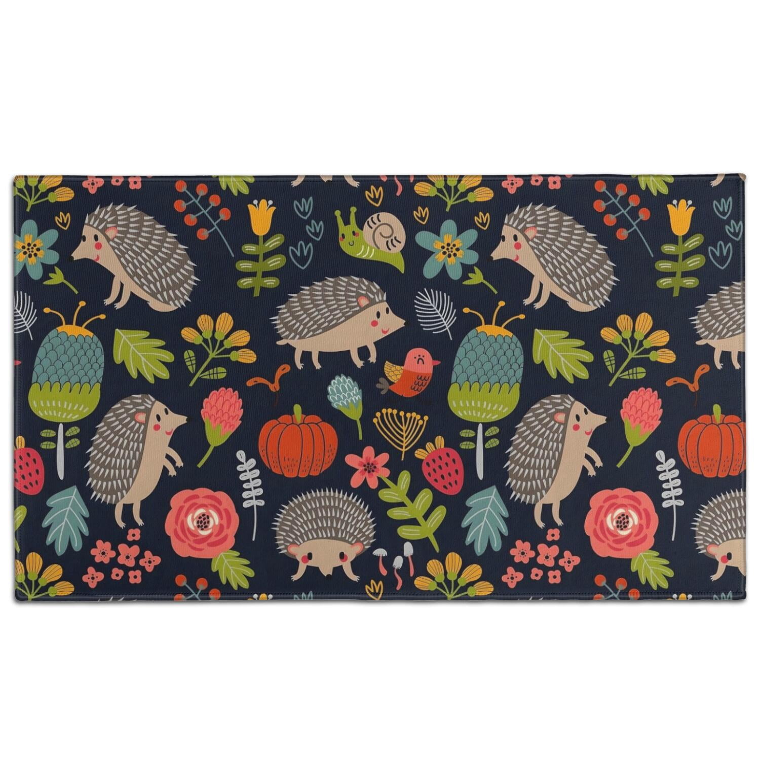Cute Hedgehog Pattern with Pioneer Flower Door Rugs,Washable Non Slip ...