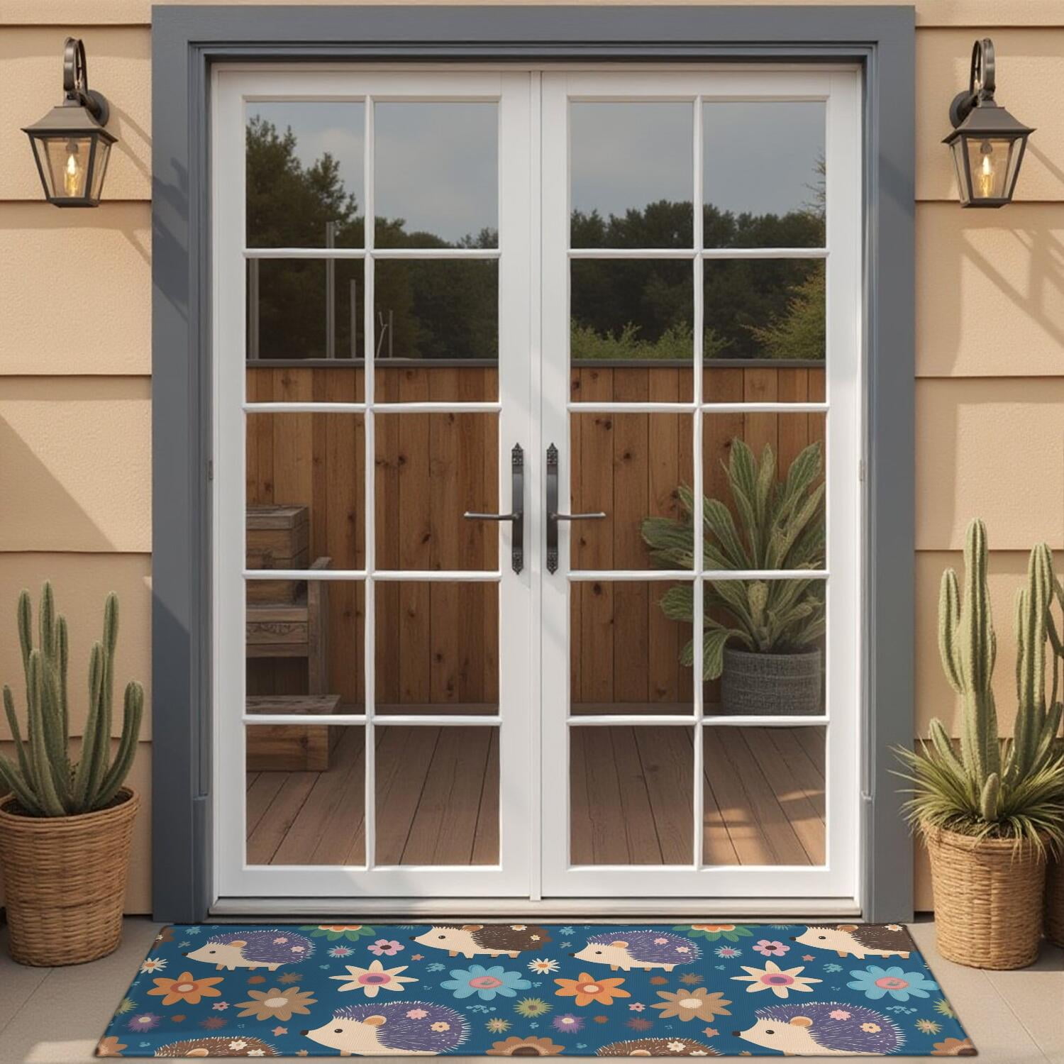 Cute Hedgehog Pattern with Pioneer Flower Door Rugs,Washable Non Slip ...