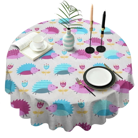 Cute Hedgehog and Flowers Round Tablecloth 60"x60",Wrinkle Wipeable ...
