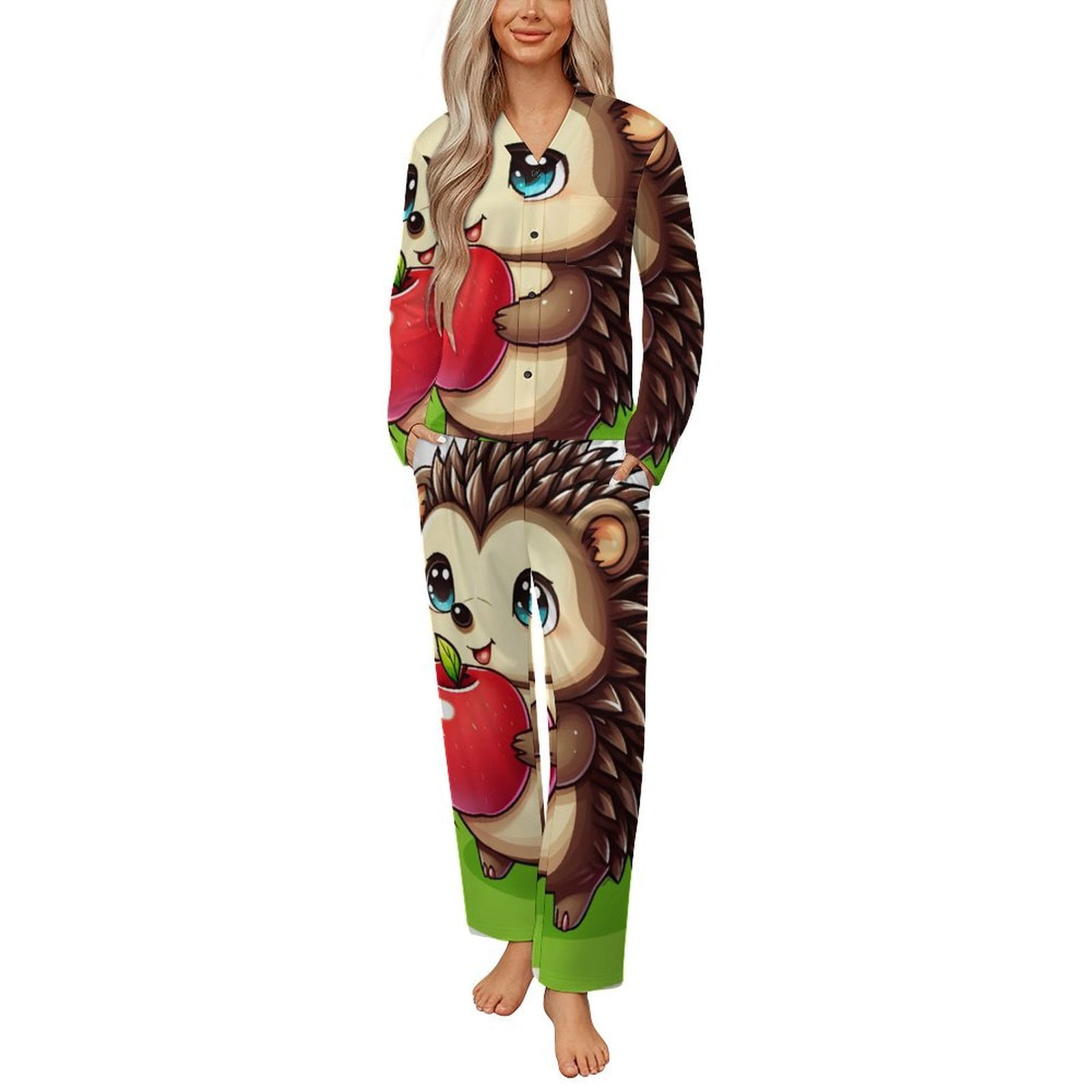 Cute Hedgehog with Apple Womens Pyjamas Set Button Up Pyjamas Womens ...