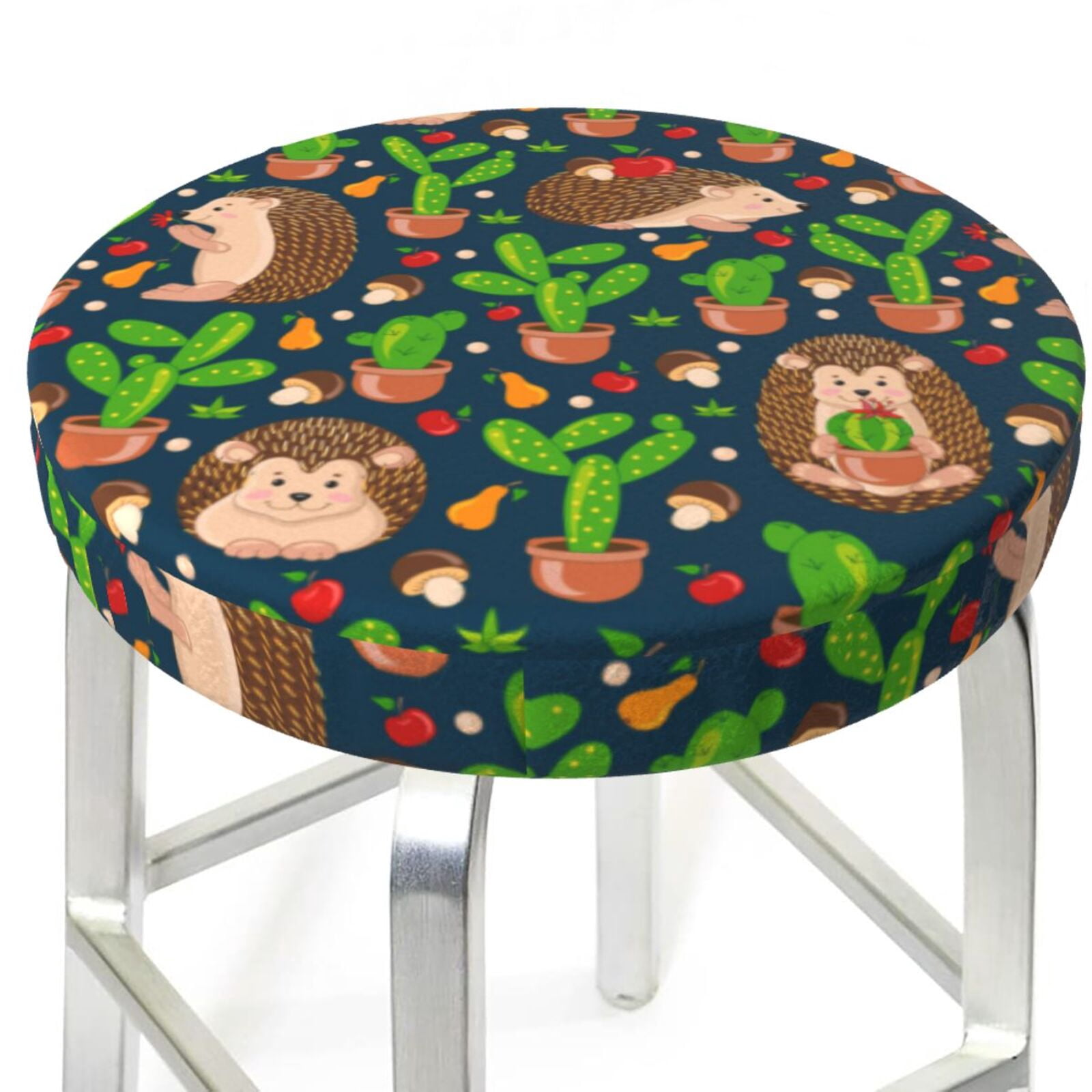 Cute Hedgehogs Cactus Blue Round Bar Stool Seat Covers, Elastic Round ...