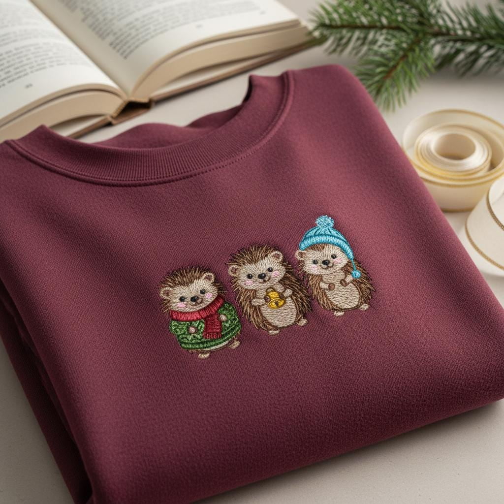Cute Hedgehogs Embroidered Sweatshirt, Winter Christmas Animal Shirt ...