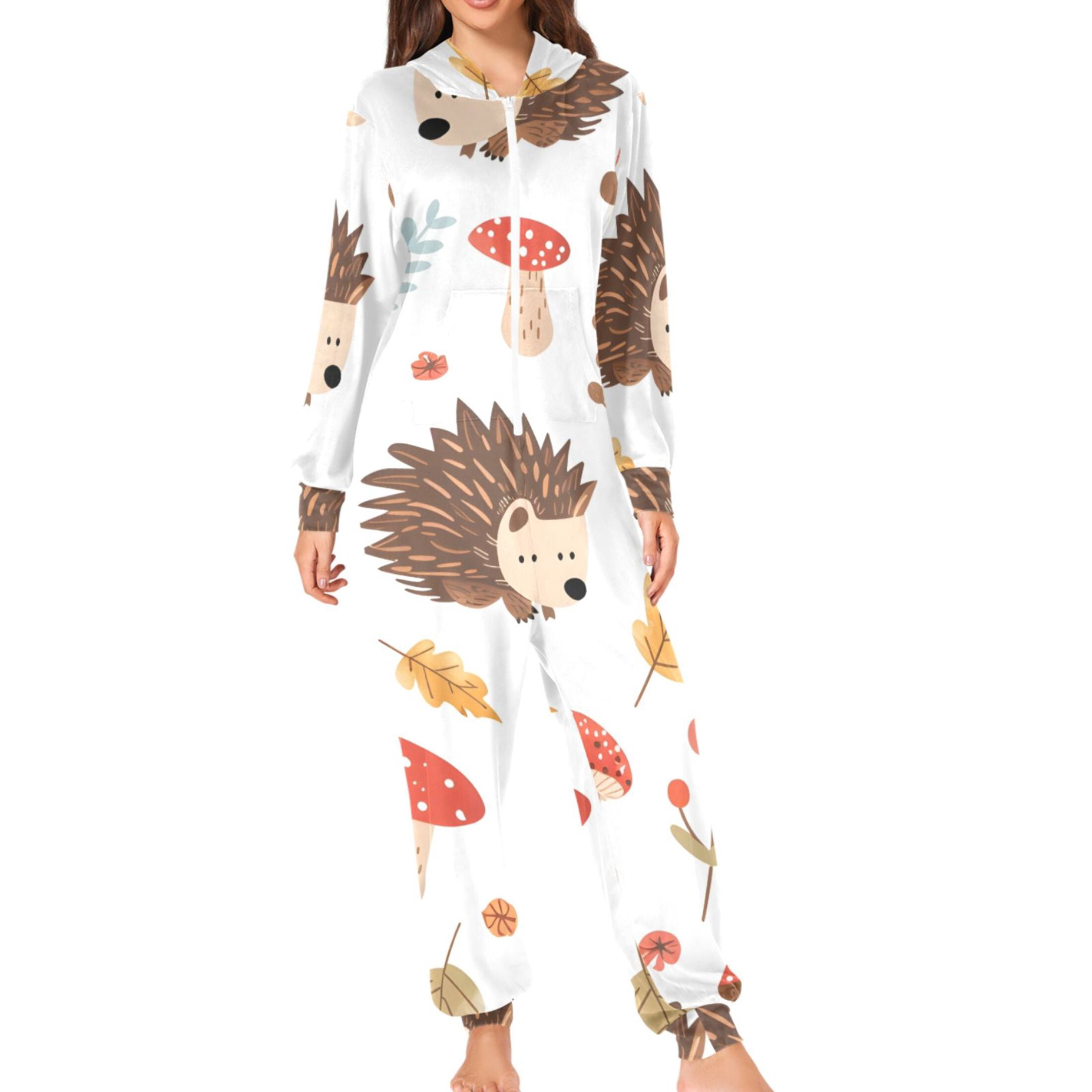Cute Hedgehogs Leaves Mushrooms Adult's Hoodie Onesie Jumpsuit One ...