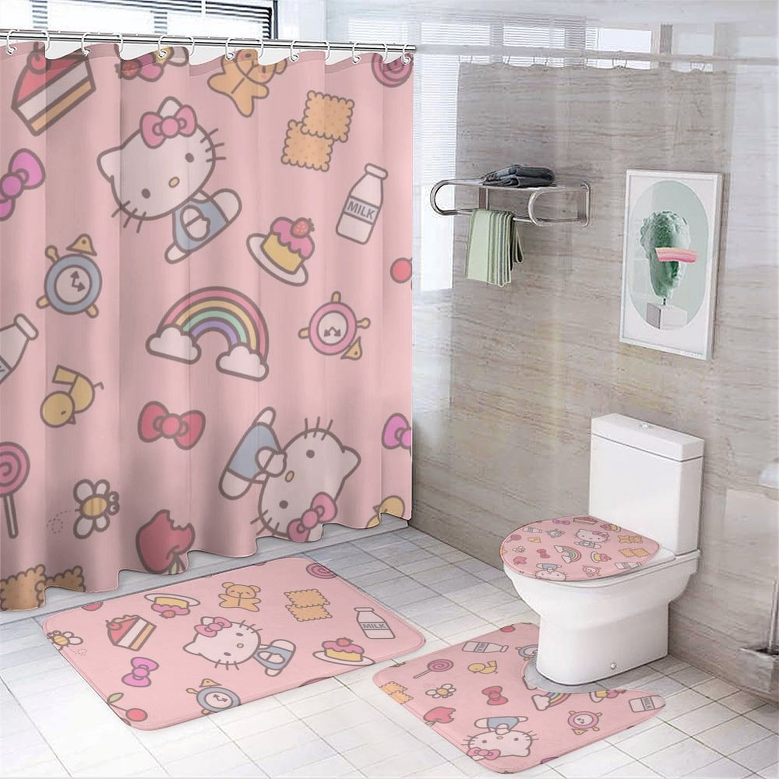 Cute Hello Kitty Bathroom 4 Pieces Set Shower Curtain, Toilet Lid Cover ...