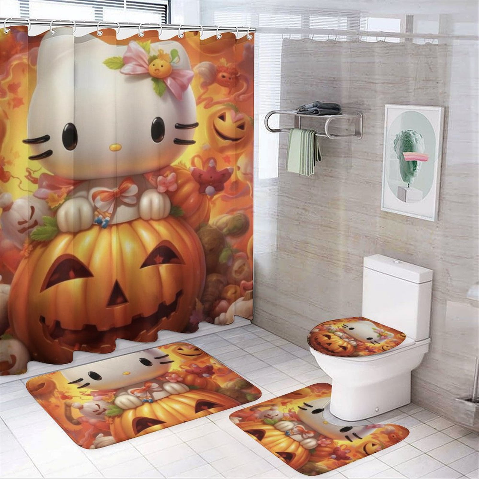 Cute Hello Kitty Halloween Bathroom 4 Pieces Set Shower Curtain, Toilet ...