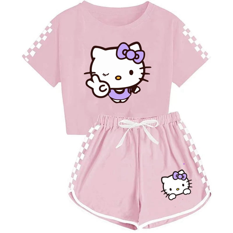 Cute Hello Kitty Short-sleeved Shorts 2-Piece Sets Women Summer Plaid ...