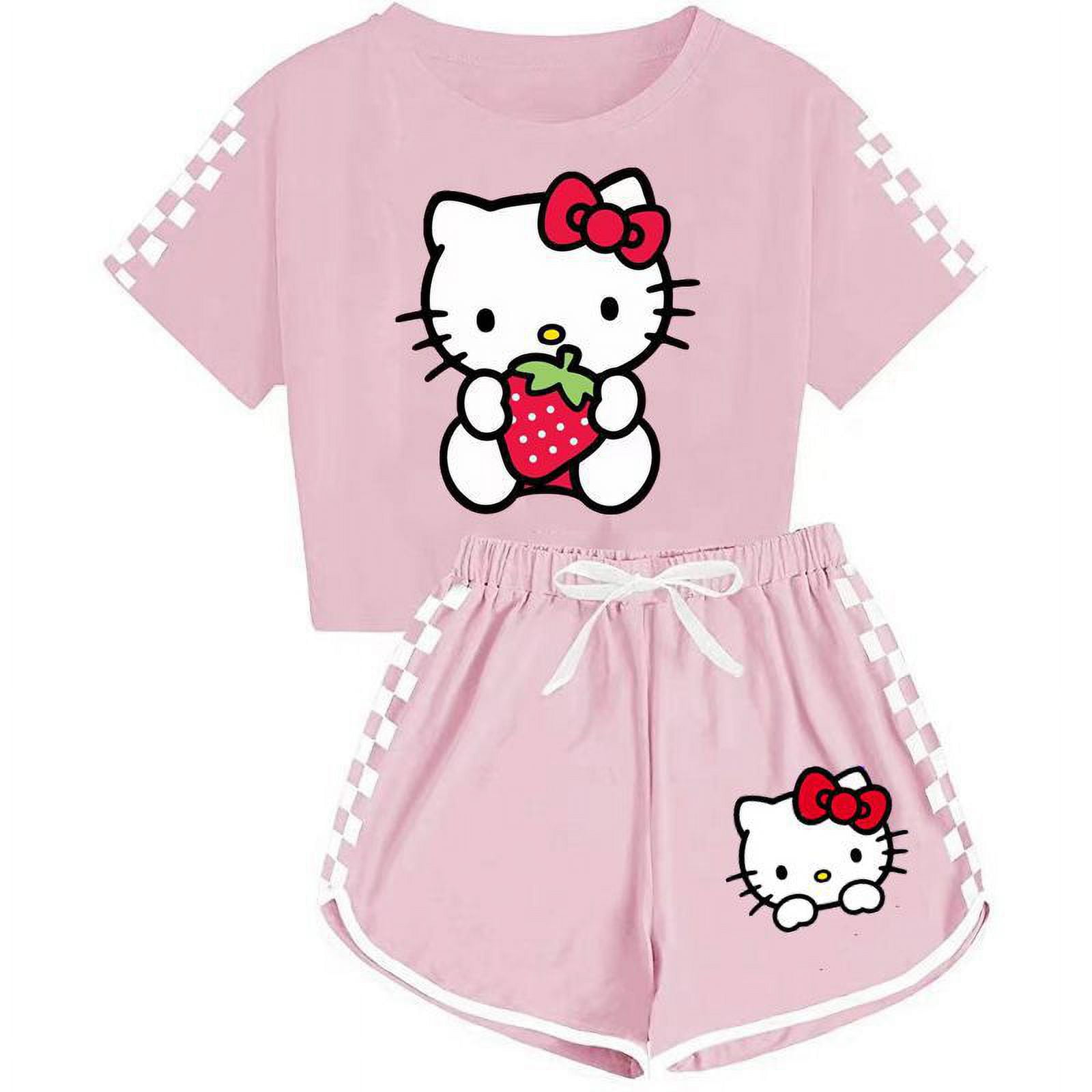 Cute Hello Kitty Short-sleeved Shorts 2-Piece Sets Women Summer Plaid ...