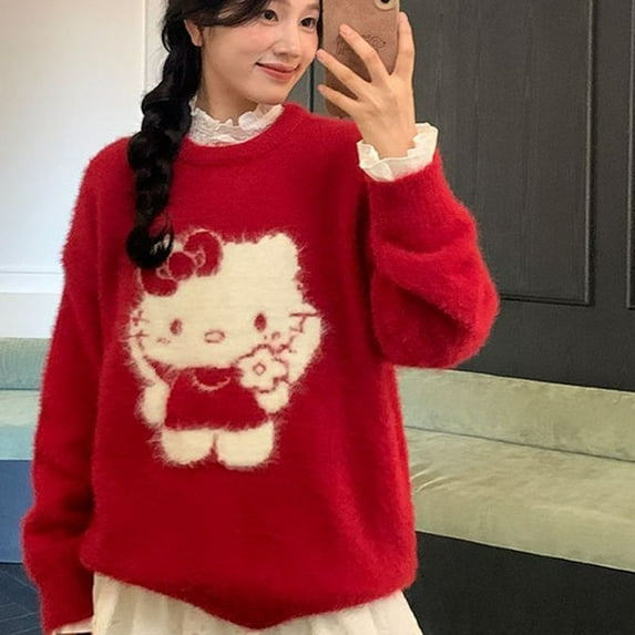 Cute Hello Kitty Sweater Christmas Sweet Cartoon Women Loose Versatile ...