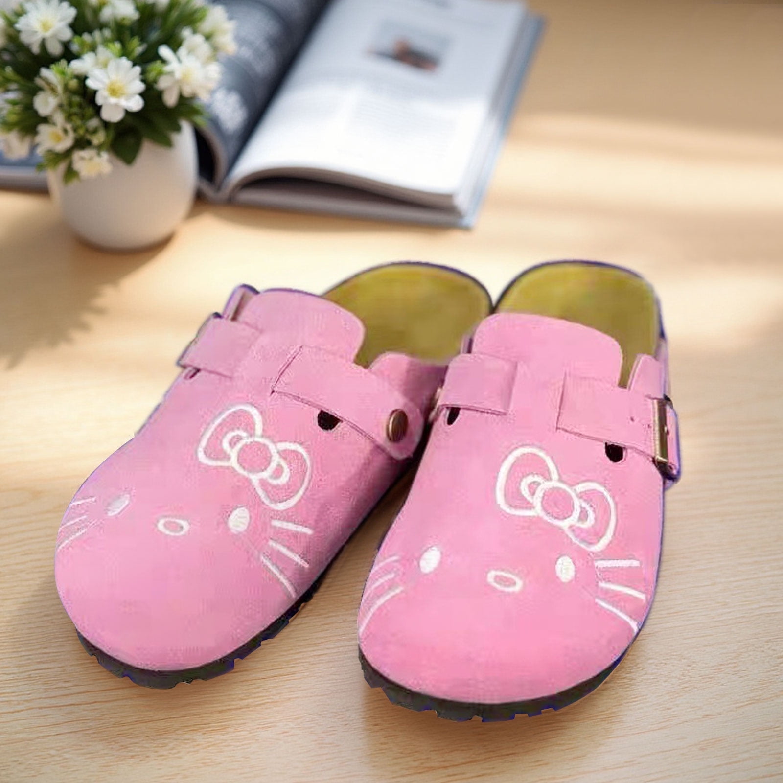 Cute Hello Kitty Women Suede Clogs Slippers Slip-on Mules Cork Footbed ...