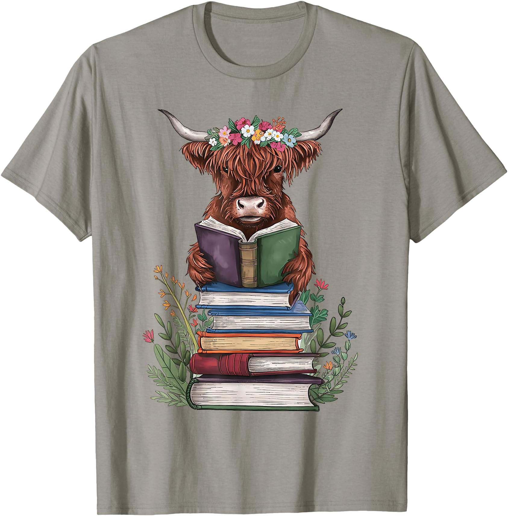 Cute Highland Cow Bookworm Floral Reading T-Shirt for Book Lovers ...