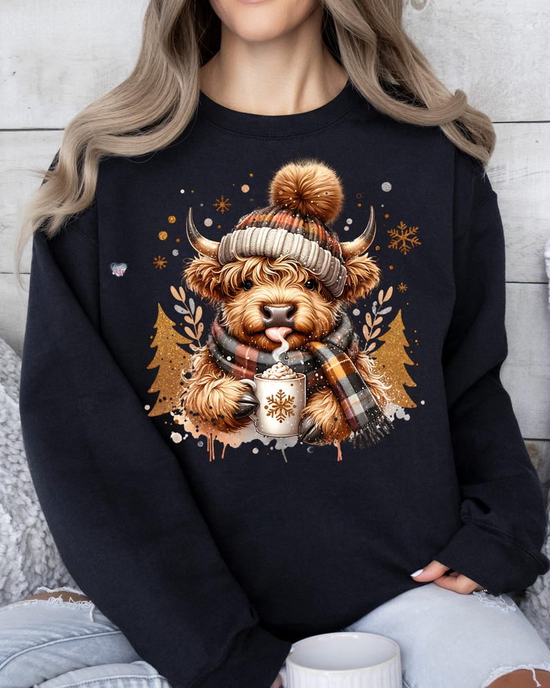 Cute Highland Cow Christmas Sweatshirt, Cozy Holiday Cow Tee with Hot ...