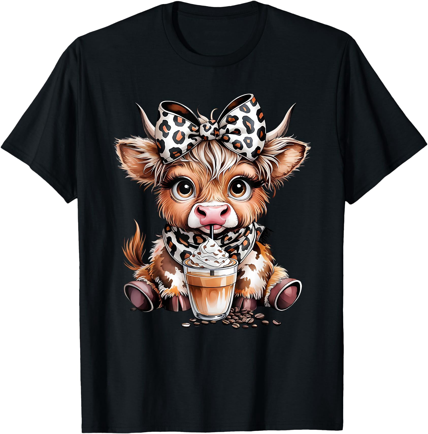 Cute Highland Cow Coffee Addict T-Shirt Funny Cowgirl Style Leopard ...